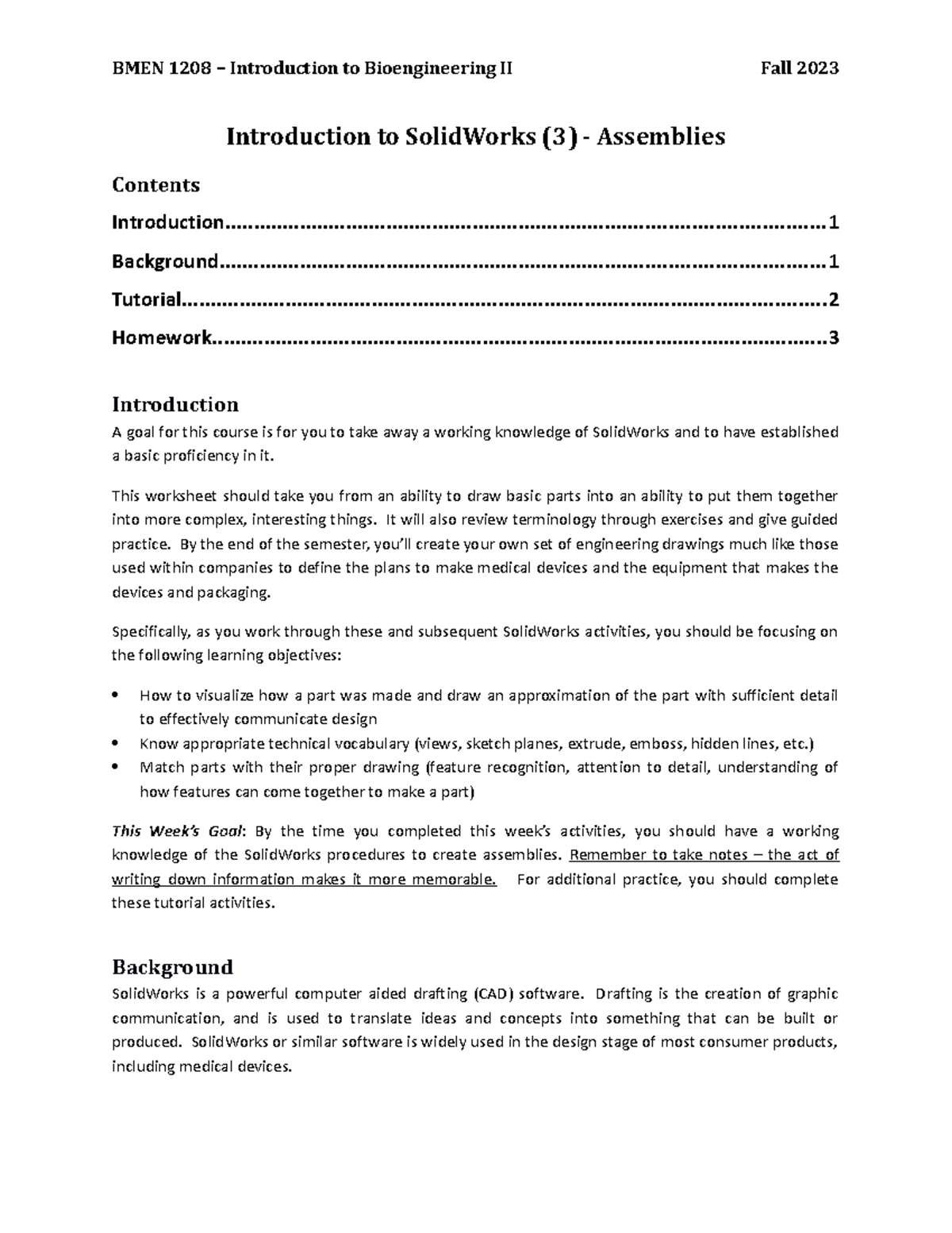 W04 WS Solid Works Assemblies - BMEN 1208 – Introduction to ...
