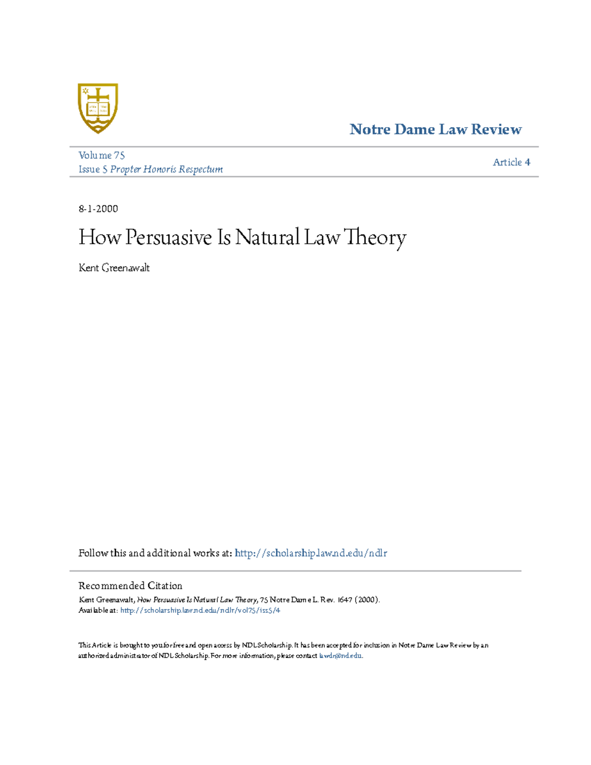 Natural LAW Theory - Notre Dame Law Review Volume 75 Issue 5 Propter ...