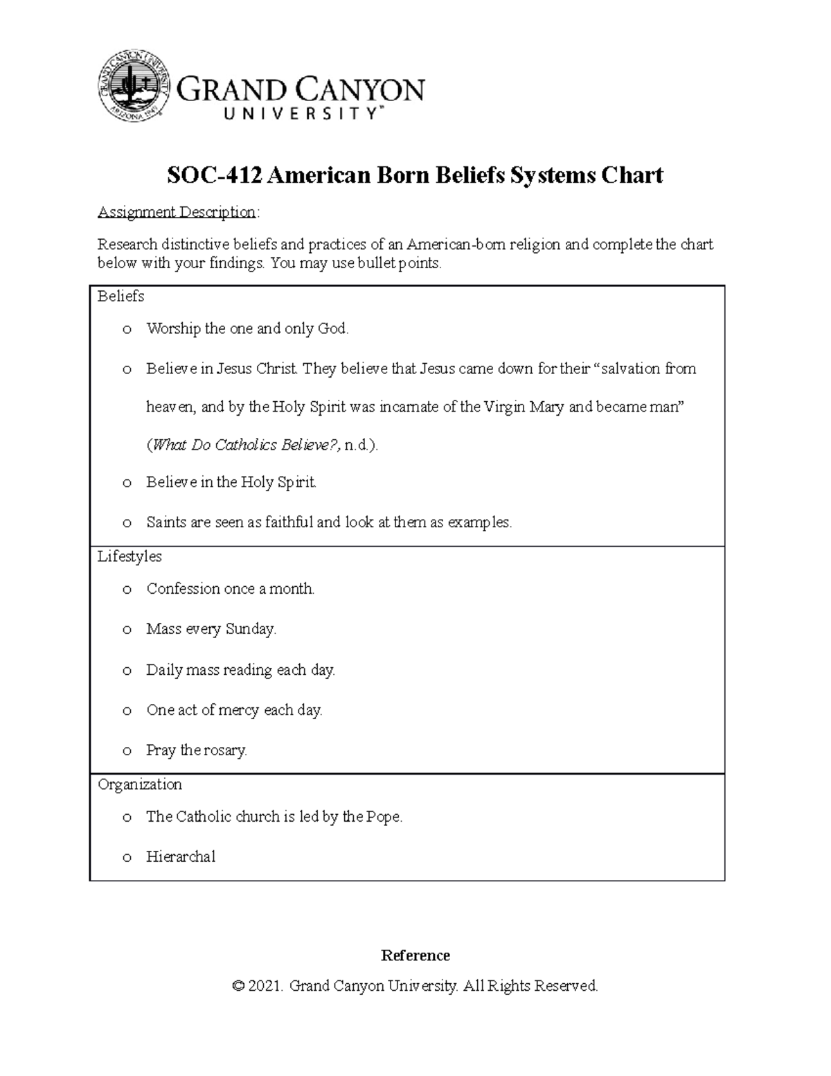 Catholic Beliefs Systems Chart 2 - SOC-412 American Born Beliefs Systems Chart Assignment - Studocu