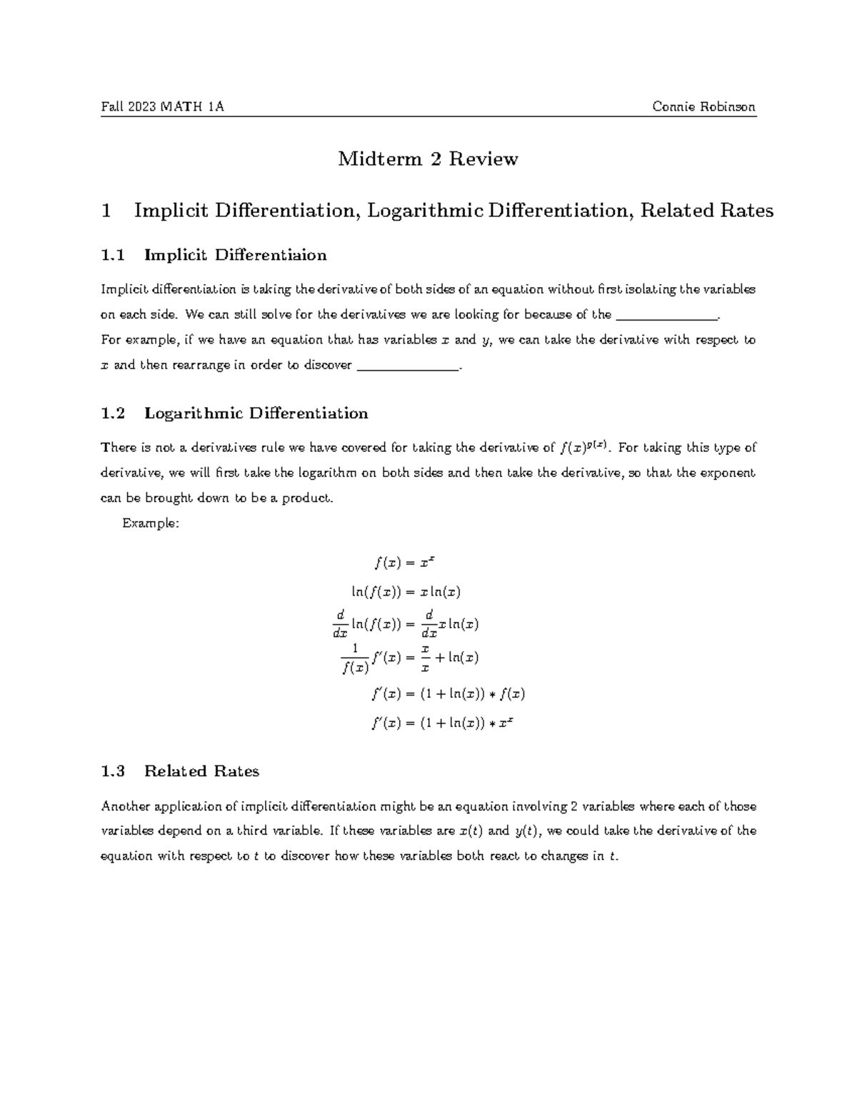 Math 1A Midterm 2 Review - Midterm 2 Review 1 Implicit Differentiation, Logarithmic ...