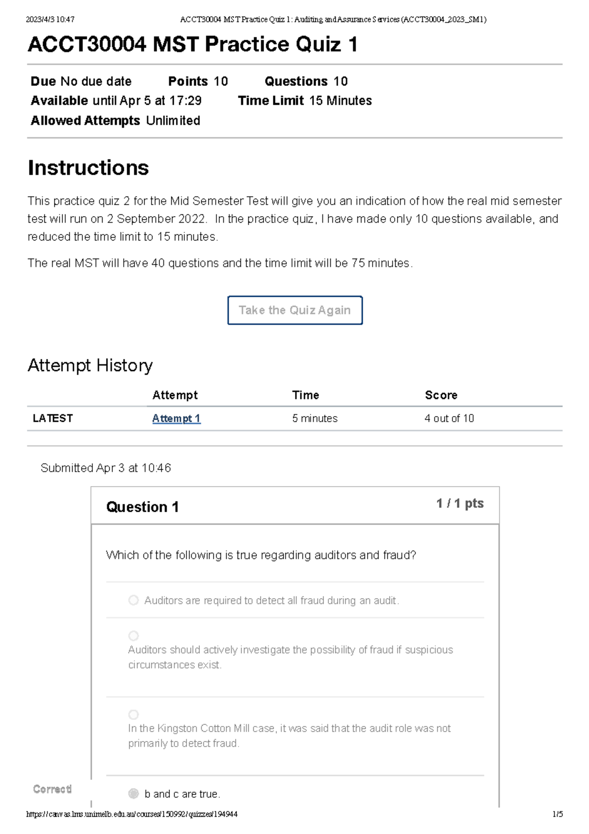 ACCT30004 MST Practice Quiz 1 Auditing and Assurance Services (ACCT30004 2023 SM1) - ACCT30004 ...