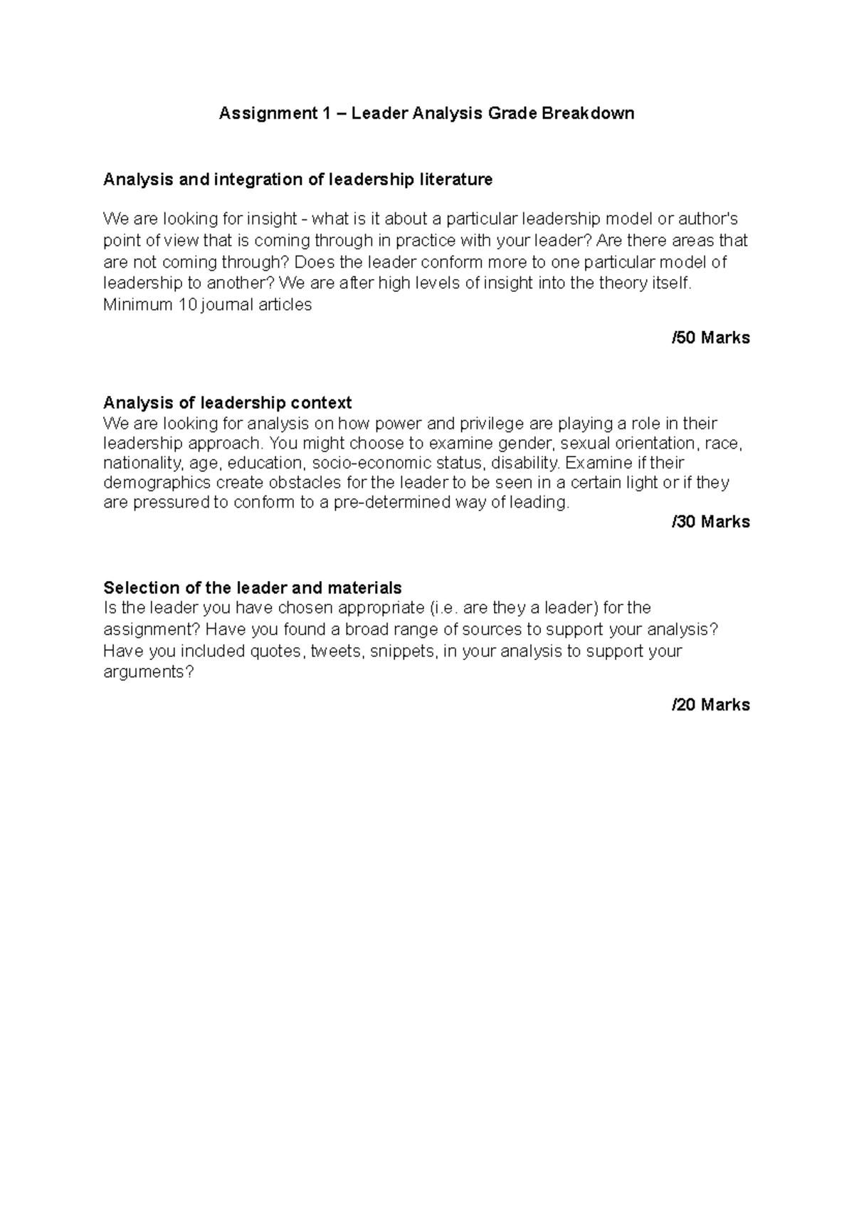 Assignment 1 Grade Breakdown - Assignment 1 – Leader Analysis Grade ...