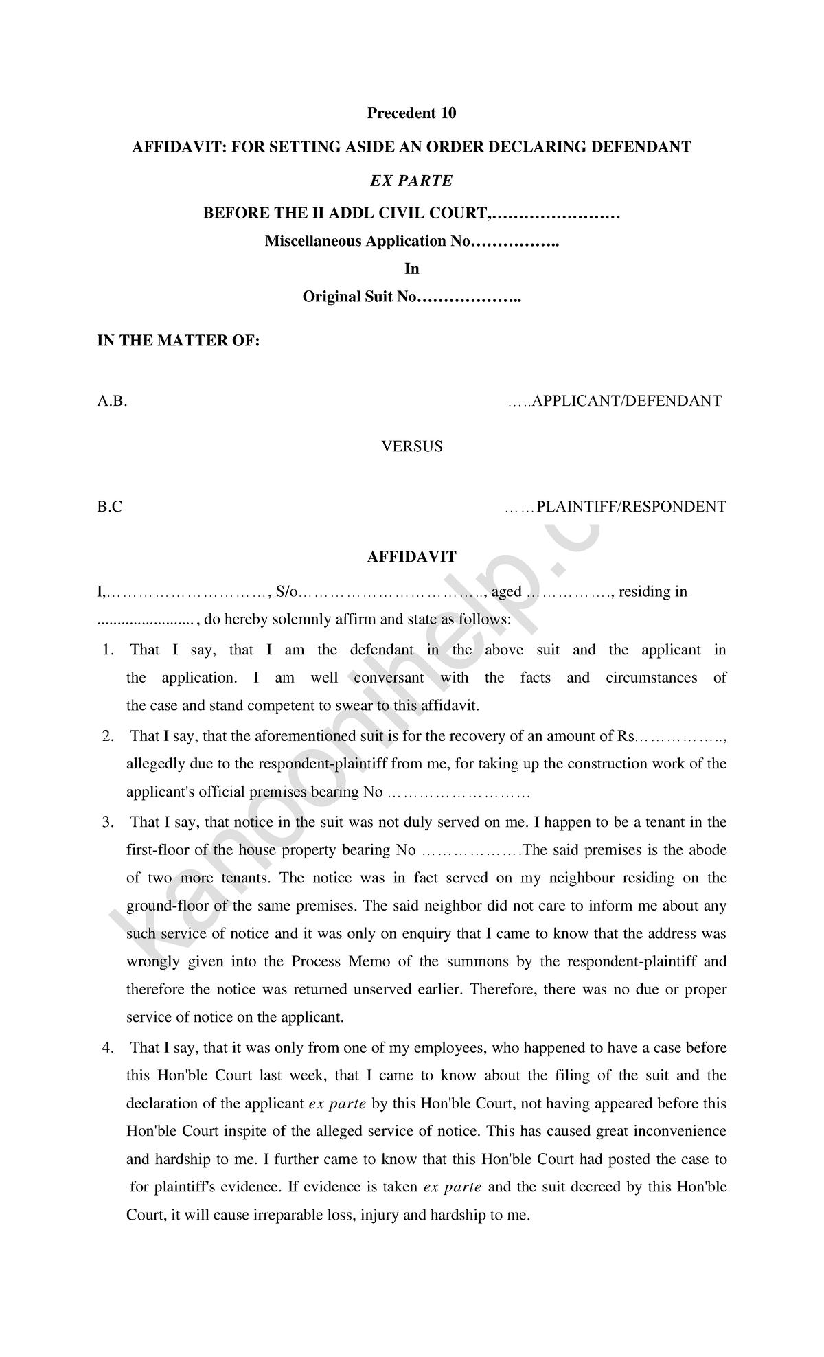 Affidavit- FOR Setting Aside AN Order Declaring Defendant EX Parte - Precedent 10 AFFIDAVIT: FOR ...
