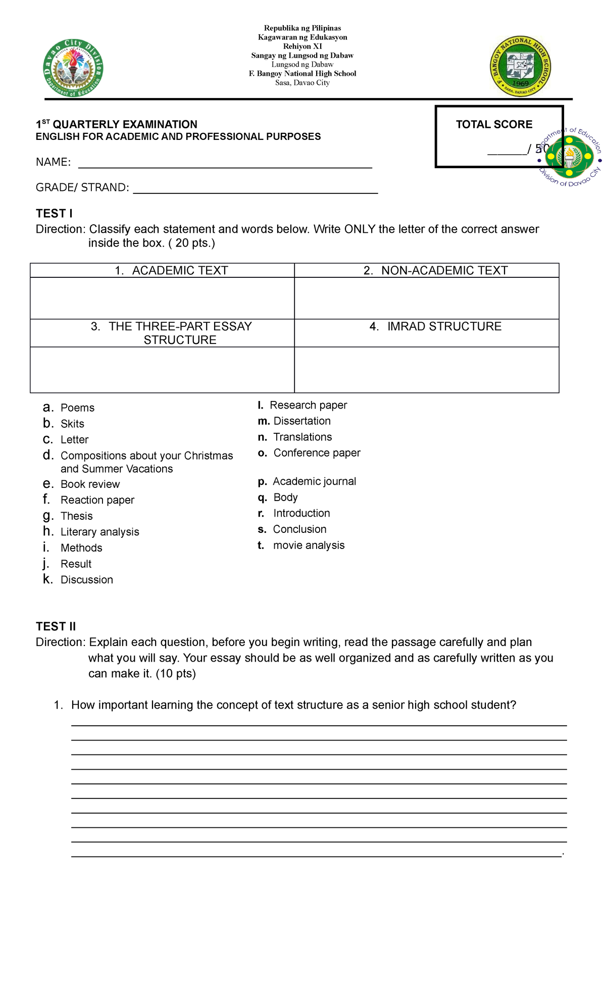 1ST Quarterly Examination - eapp - 1 ST QUARTERLY EXAMINATION TOTAL ...
