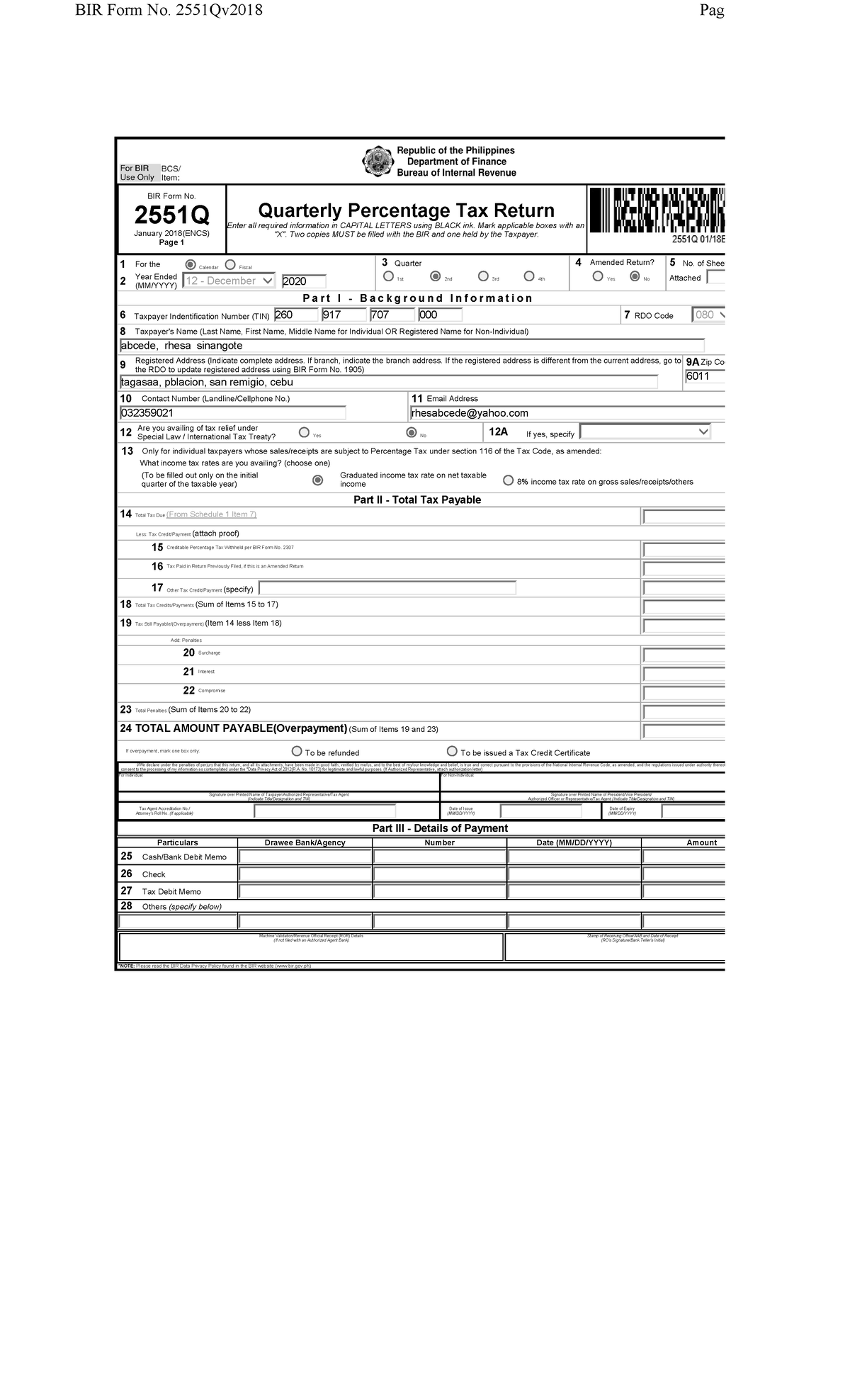 Asd - Clear - BIR Form No. 2551Q January 2018(ENCS) Page 1 Quarterly ...