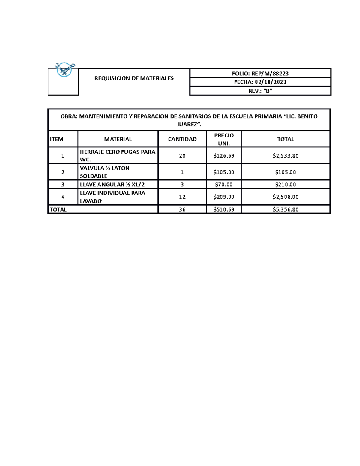 Hojas DE Requisicion - dsadas - REQUISICION DE MATERIALES FOLIO: REP/M ...