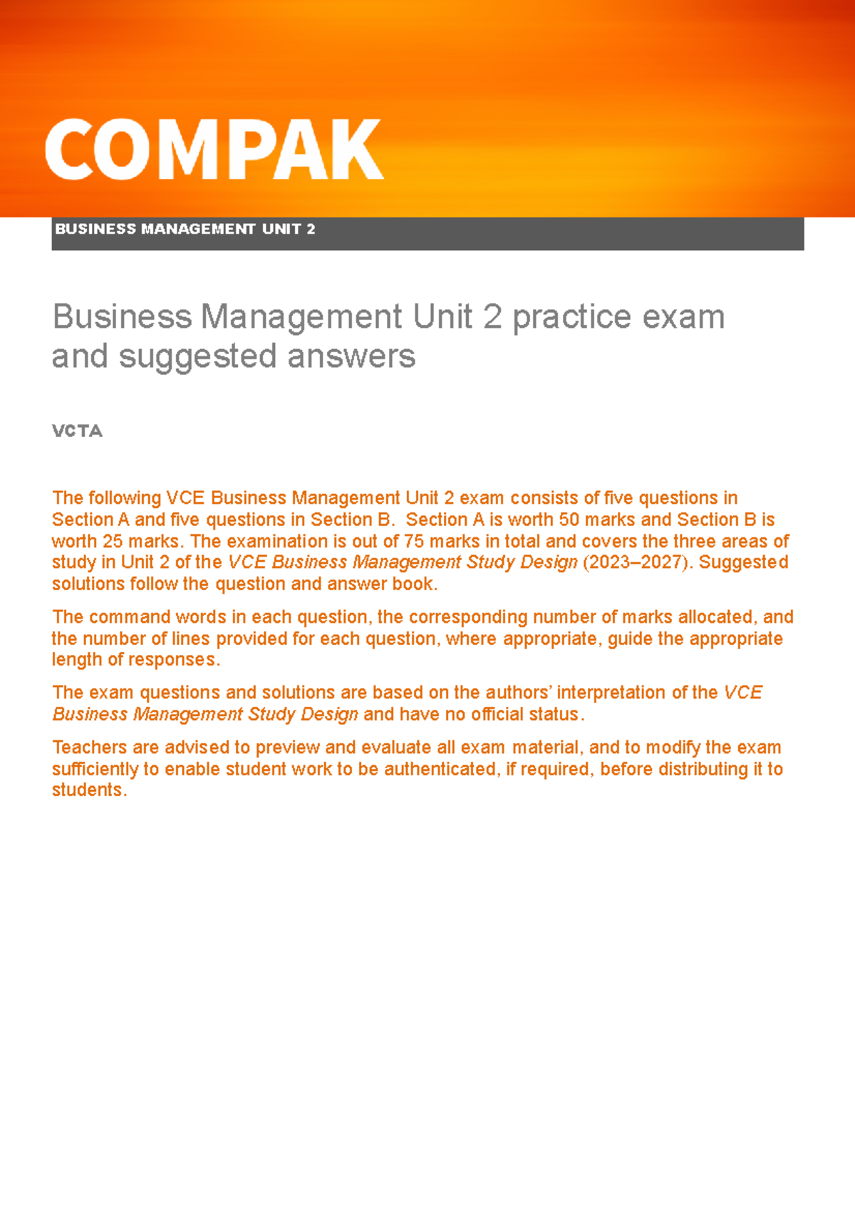 practice exam unit 2 - BUSINESS MANAGEMENT UNIT 2 Business Management ...