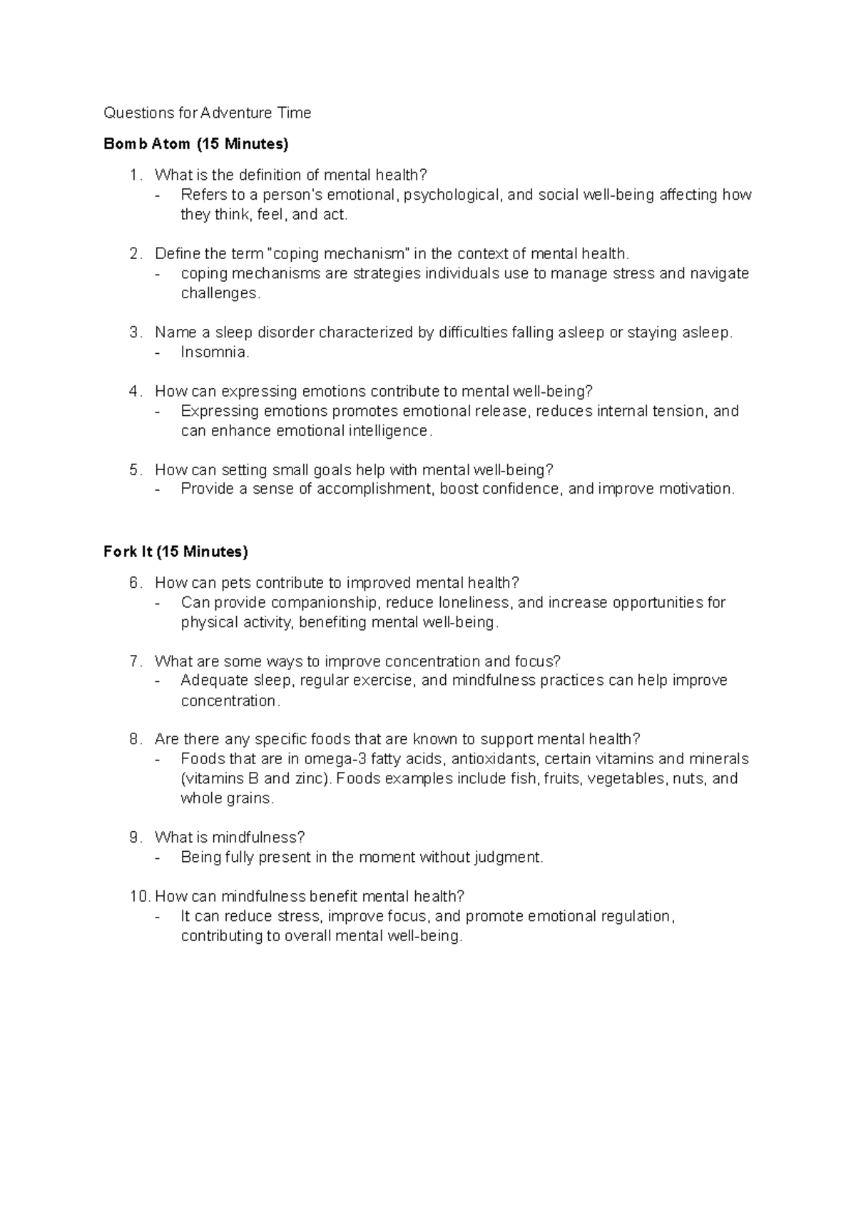OBM310 - Questions for participations (mental health based) - Questions ...