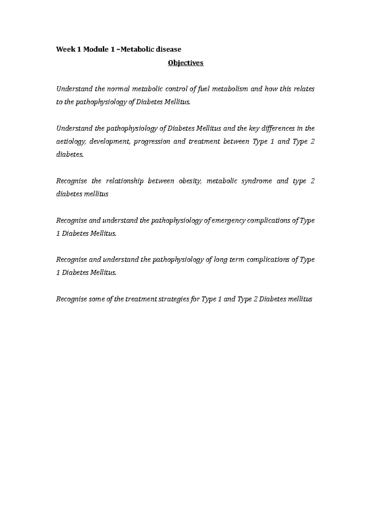 Week 1 – Metabolic disease - Objectives and Study Focus Questions ...