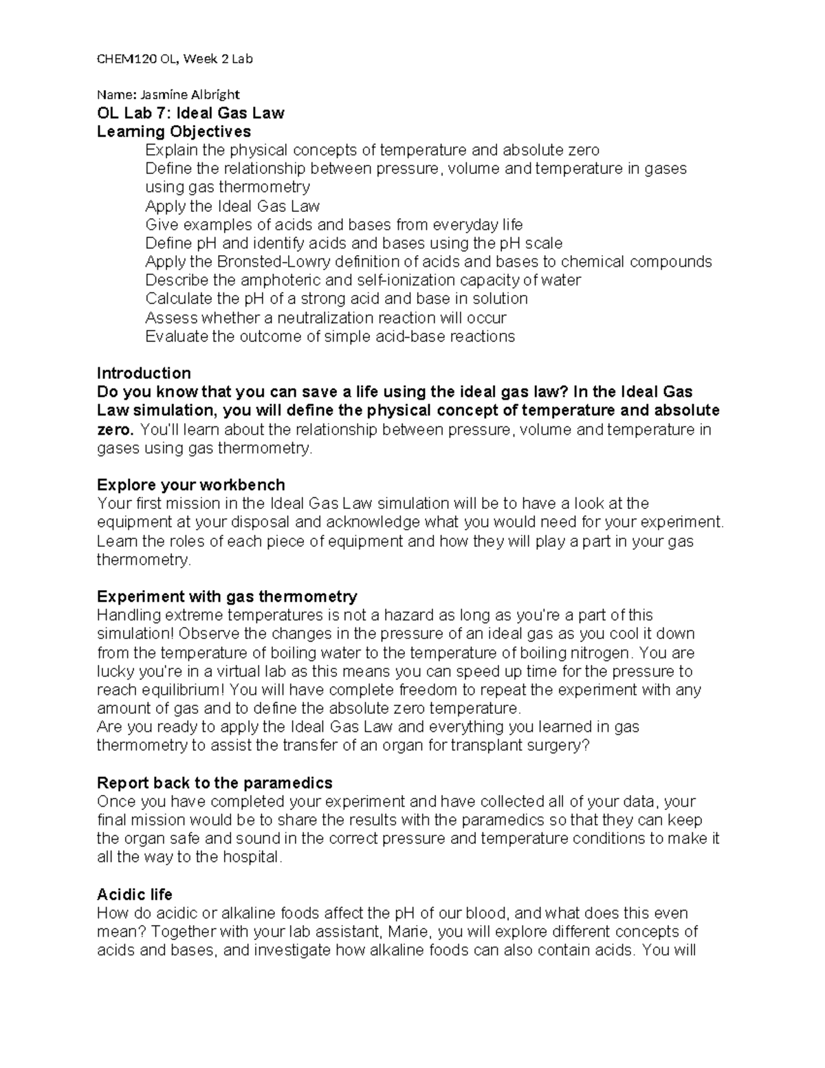 CHEM120 Week 4 Lab - chem lab - CHEM120 OL, Week 2 Lab Name: Jasmine ...