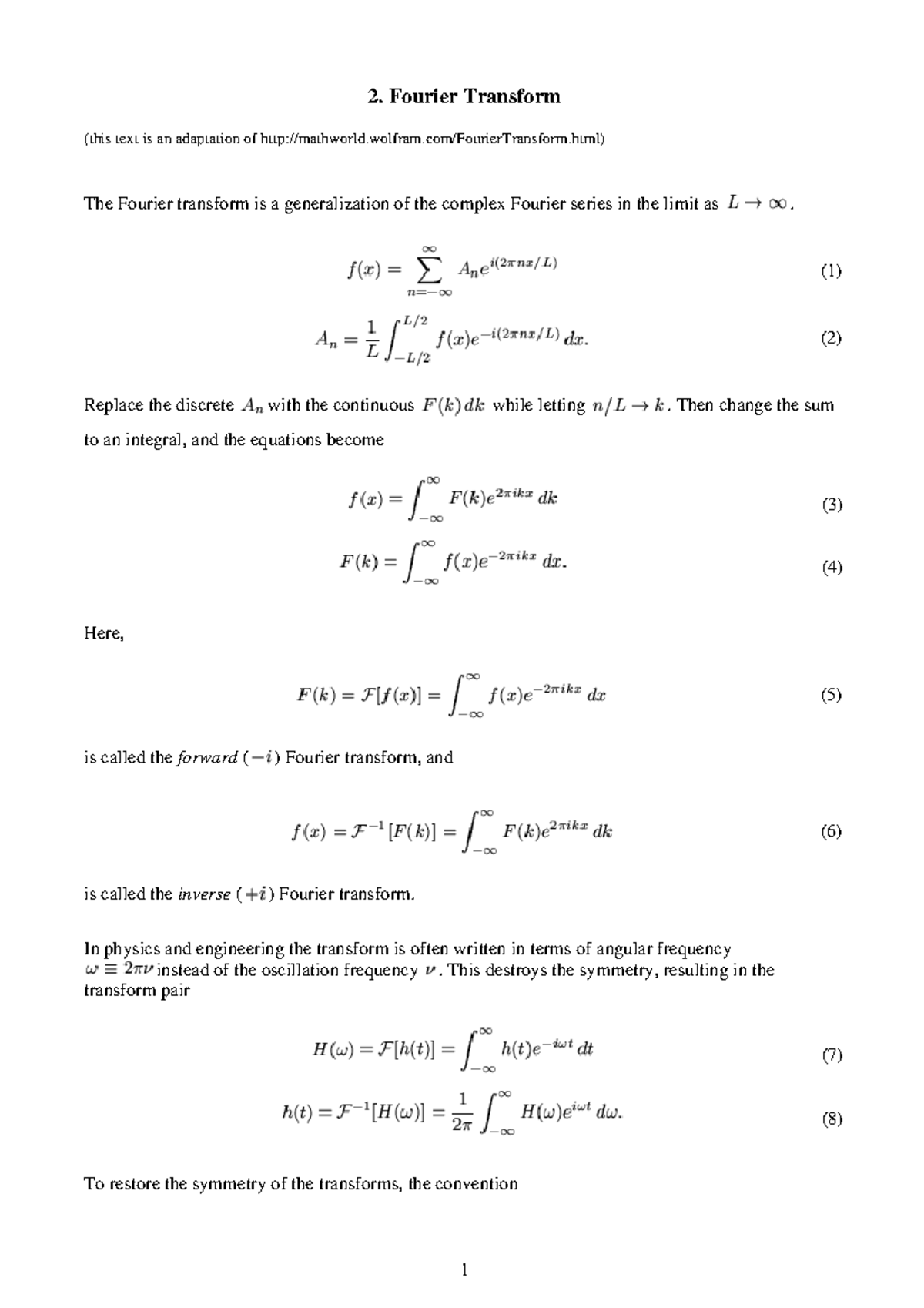 Fourier transform - 2. Fourier Transform (this text is an adaptation of - Studocu