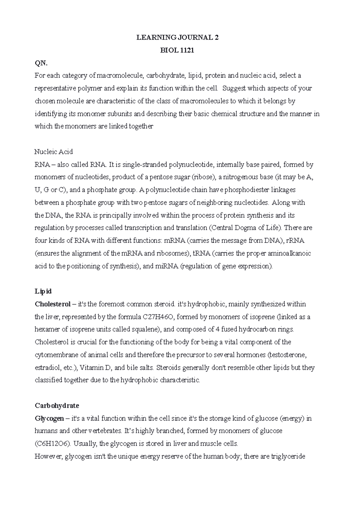 Learning Journal Unit 2 - LEARNING JOURNAL 2 BIOL 1121 QN. For each ...