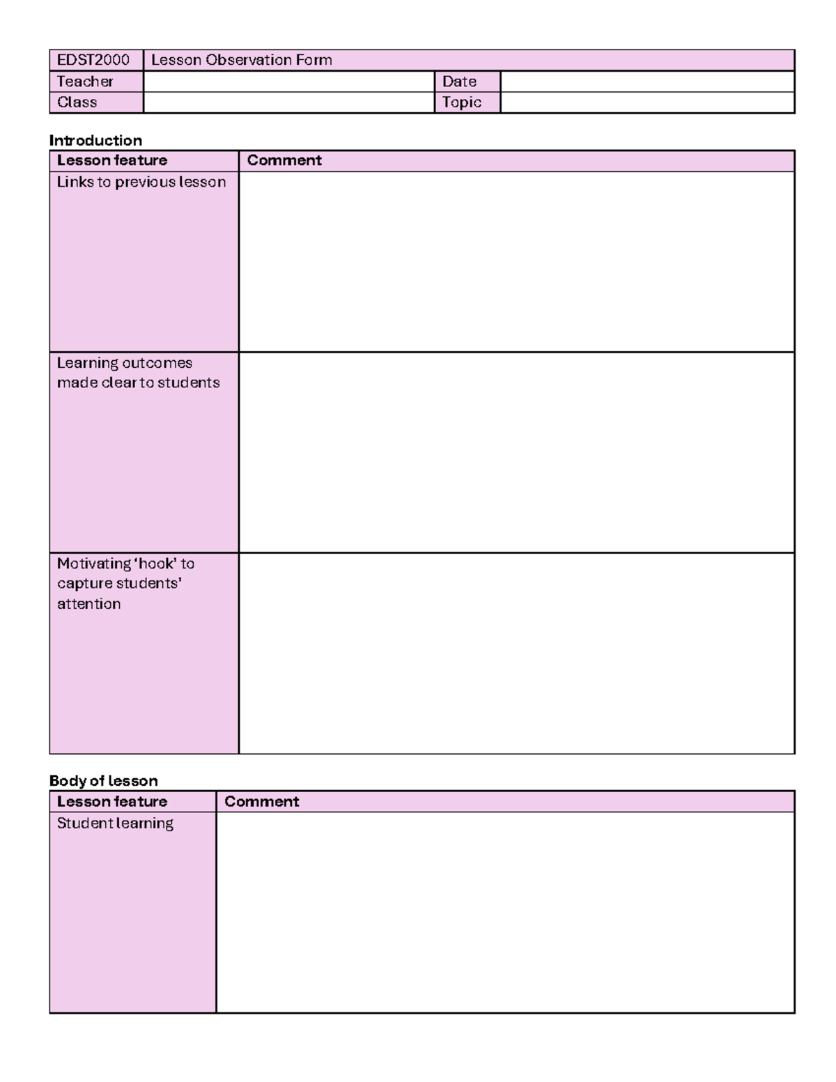 Lesson Observation form - EDST2000 - EDST2000 Lesson Observation Form ...