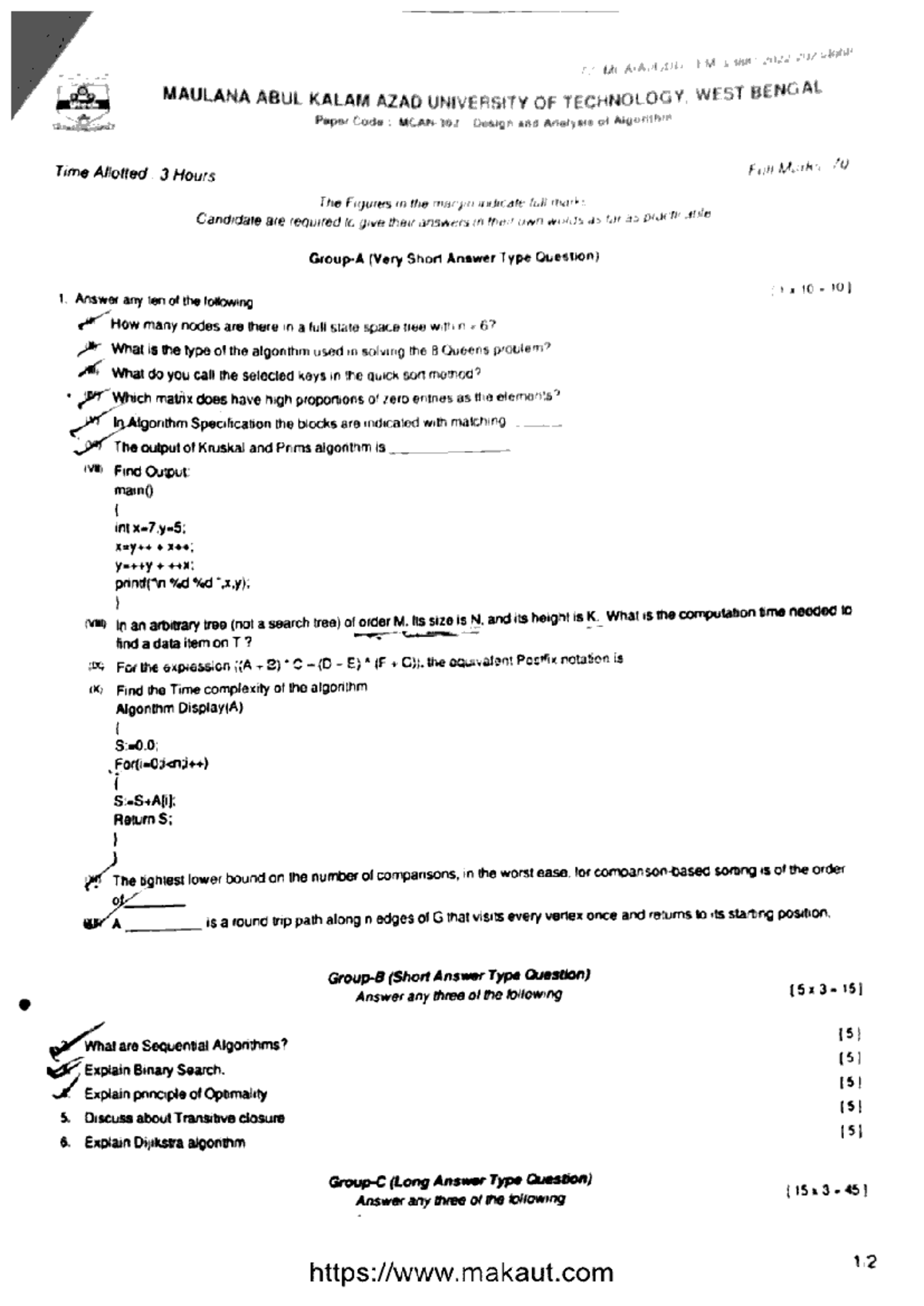 DAA MCA Makaut 2023 - This is a question on DAA - MAULANA ABUL KALAM ...