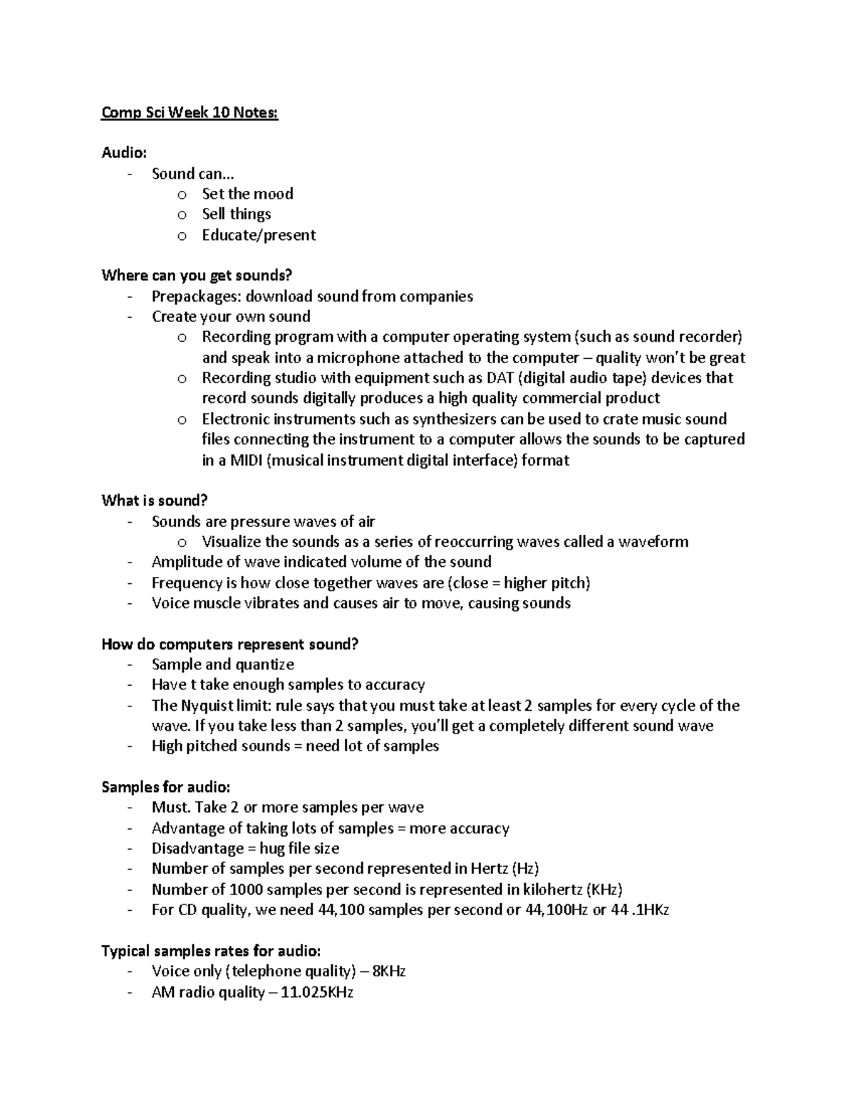 Comp Sci Week 10 Notes - Comp Sci Week 10 Notes: Audio: - Sound can ...