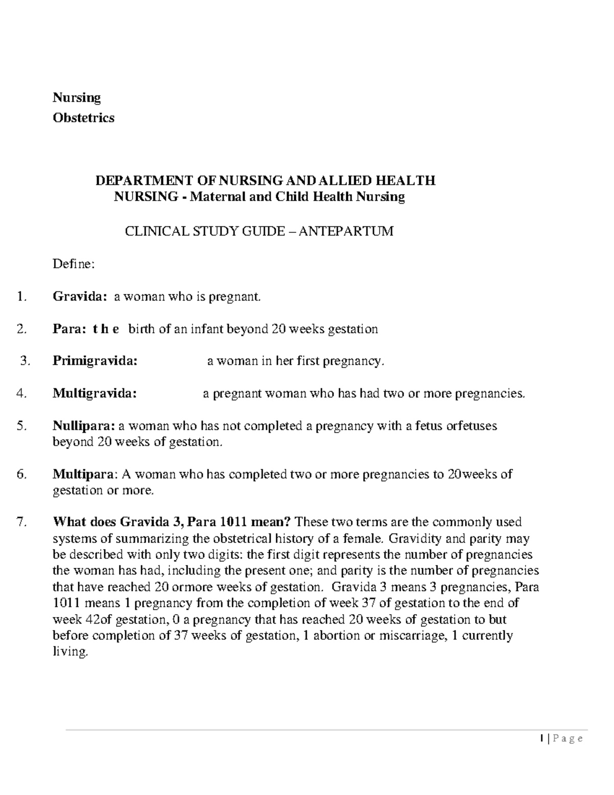 OB Clinical Study Guide – Antepartum - Nursing Obstetrics DEPARTMENT OF ...