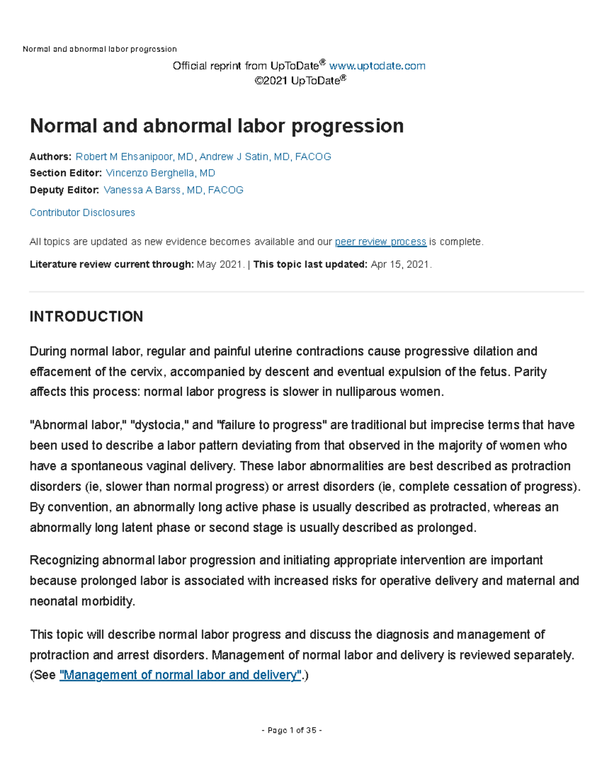 Normal and abnormal labor progression - Official reprint from UpToDate ...