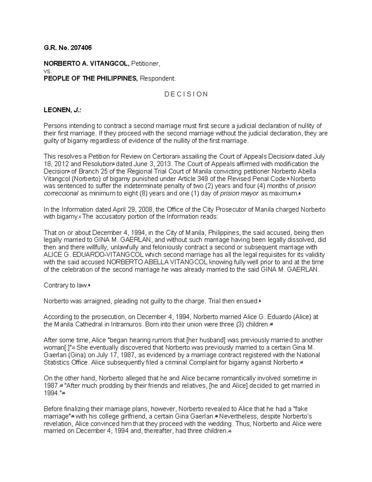 Vitangcol case - digested case - G. No. 207406 NORBERTO A. VITANGCOL ...