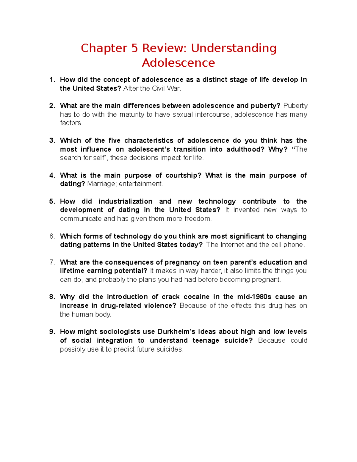 Chapter 5 Review sdcsdcdc - Chapter 5 Review: Understanding Adolescence ...