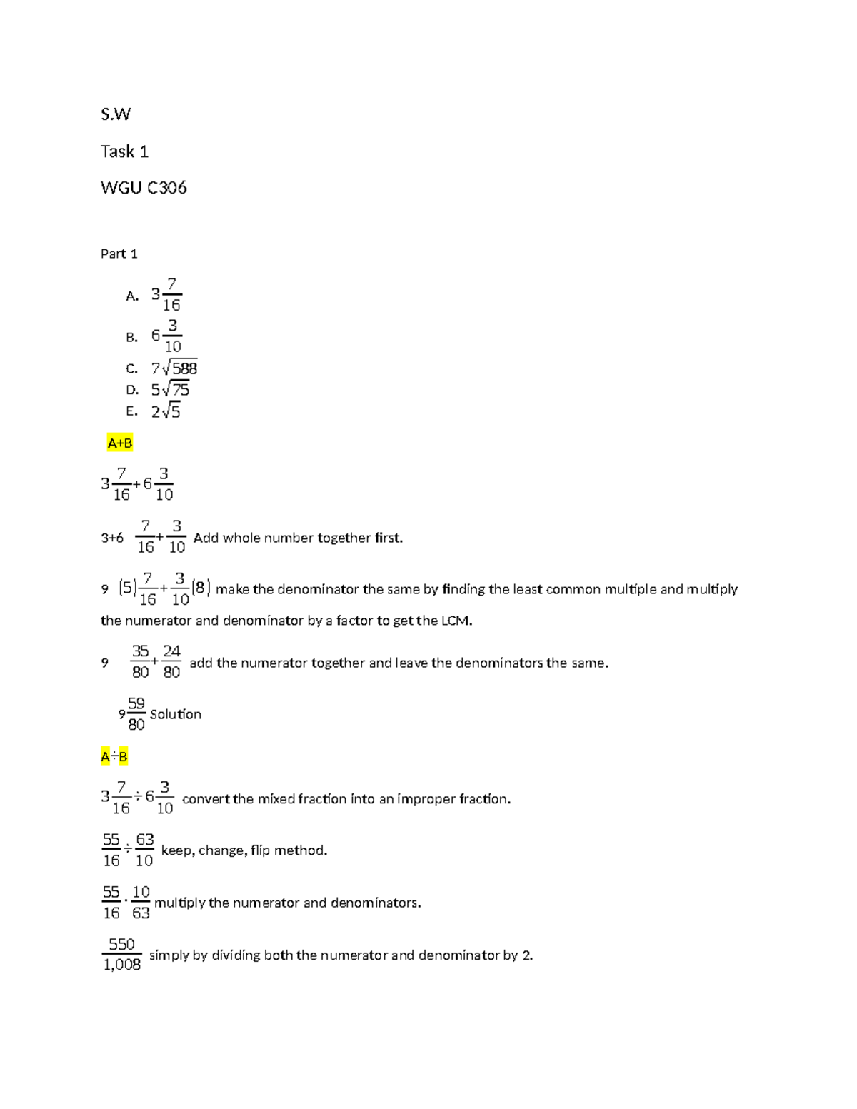 WGU C306 Task 1 S. Wilson - S Task 1 WGU C Part 1 A. 3 7 16 B. 6 3 10 C ...