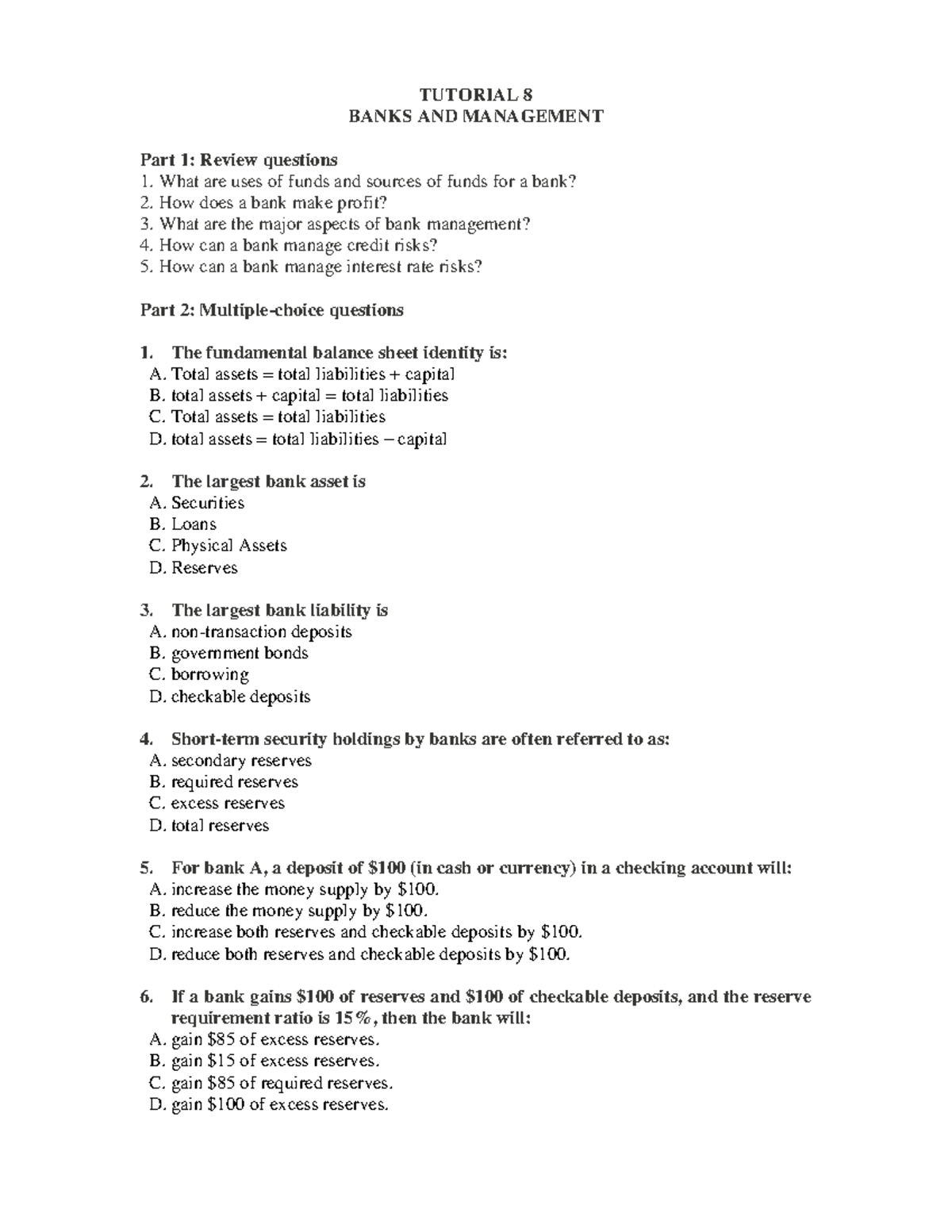 Tutorial 8 questions - Introduces basic knowledge on the structure of ...