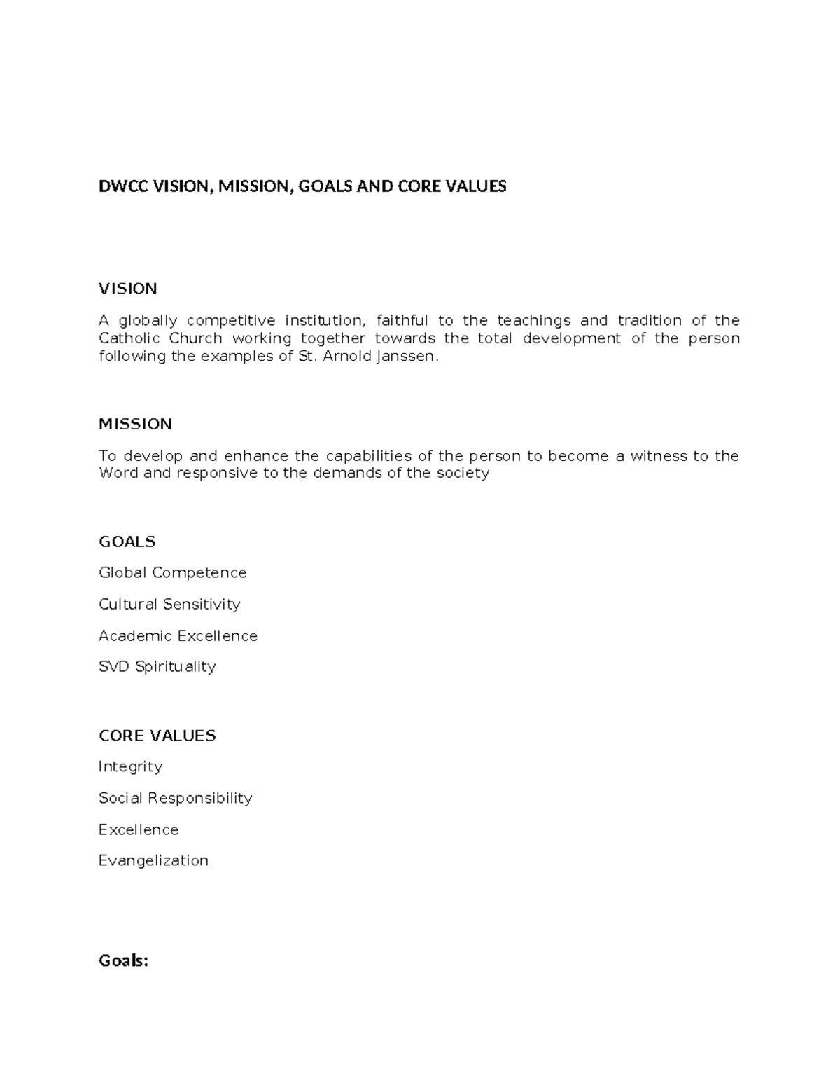 PE 1 Reviewer prelims 1 - DWCC VISION, MISSION, GOALS AND CORE VALUES ...