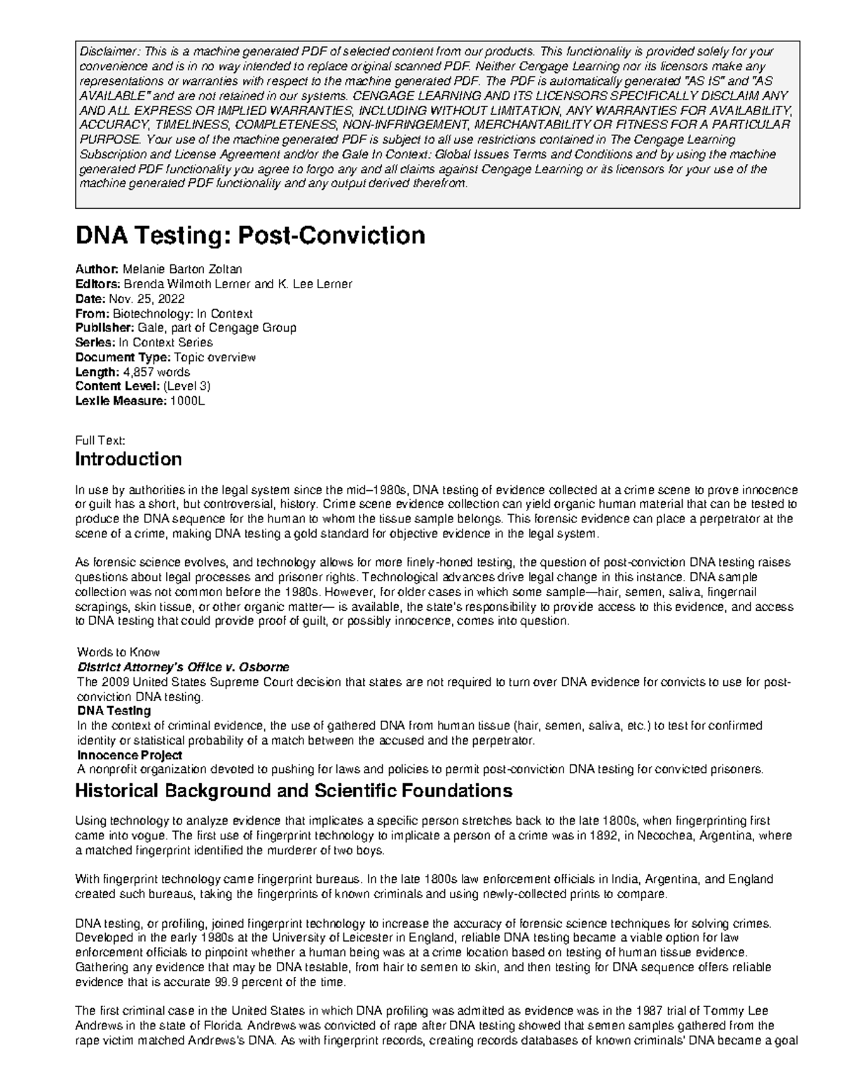 DNA Testing Post Conviction - Disclaimer: This is a machine generated ...
