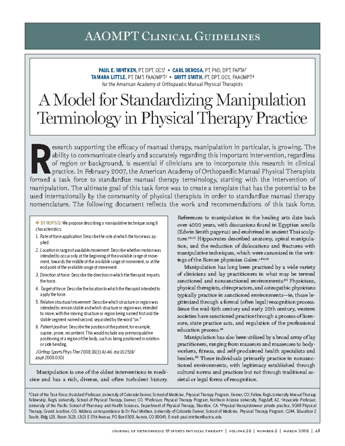 Aaompt Clinical Guidelines - A Model for Standardizing Manipulation ...