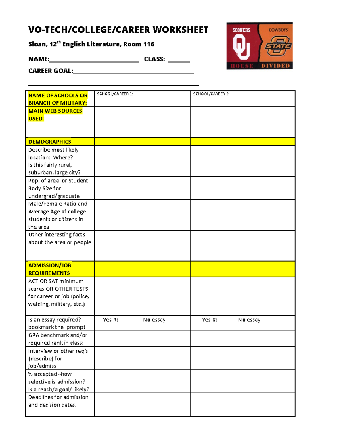 College Research Chart 2020 - VO-TECH/COLLEGE/CAREER WORKSHEET Sloan ...