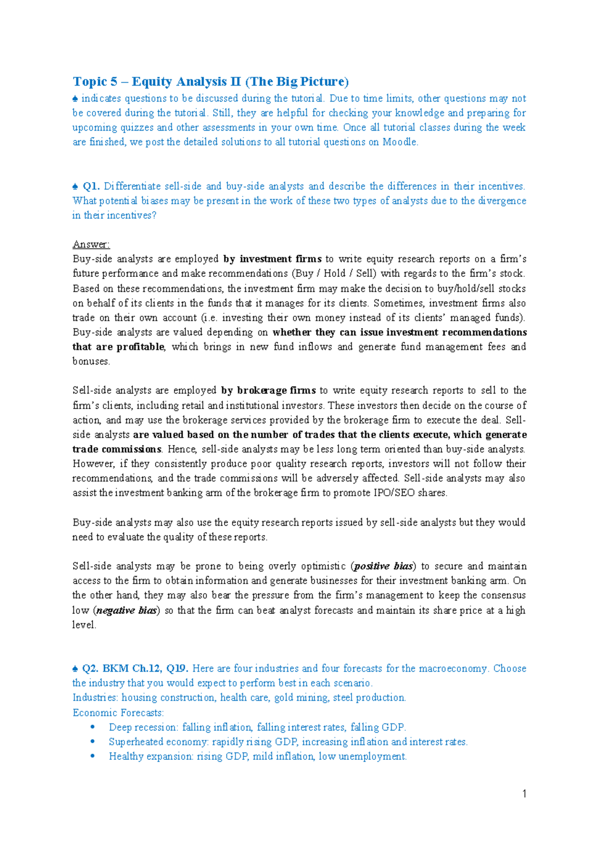 Tute 5 Ans - Tutorial 5 Answers - Topic 5 – Equity Analysis II (The Big ...