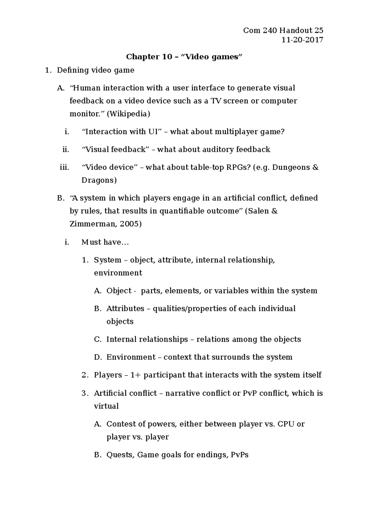 Handout 25 - Video Game Part 2 11-20-2017 - Com 240 Handout 25 11-20 ...
