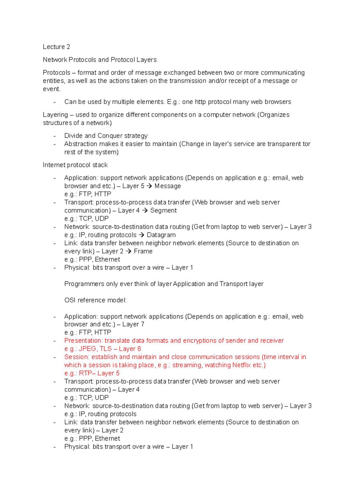 Lecture 2 - Lecture 2 Network Protocols and Protocol Layers Protocols – format and order of ...