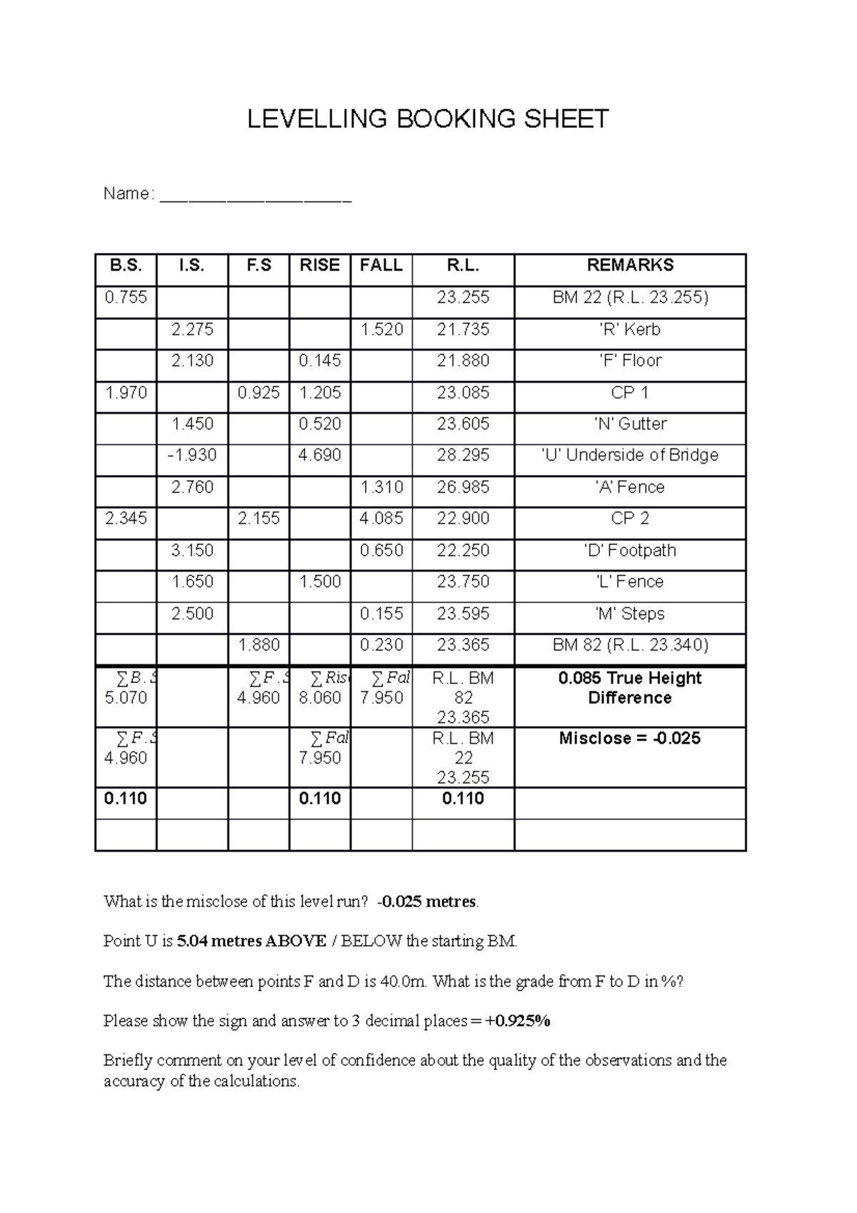 AAnswer Sheet Lev Booking Q - LEVELLING BOOKING SHEET Name ...