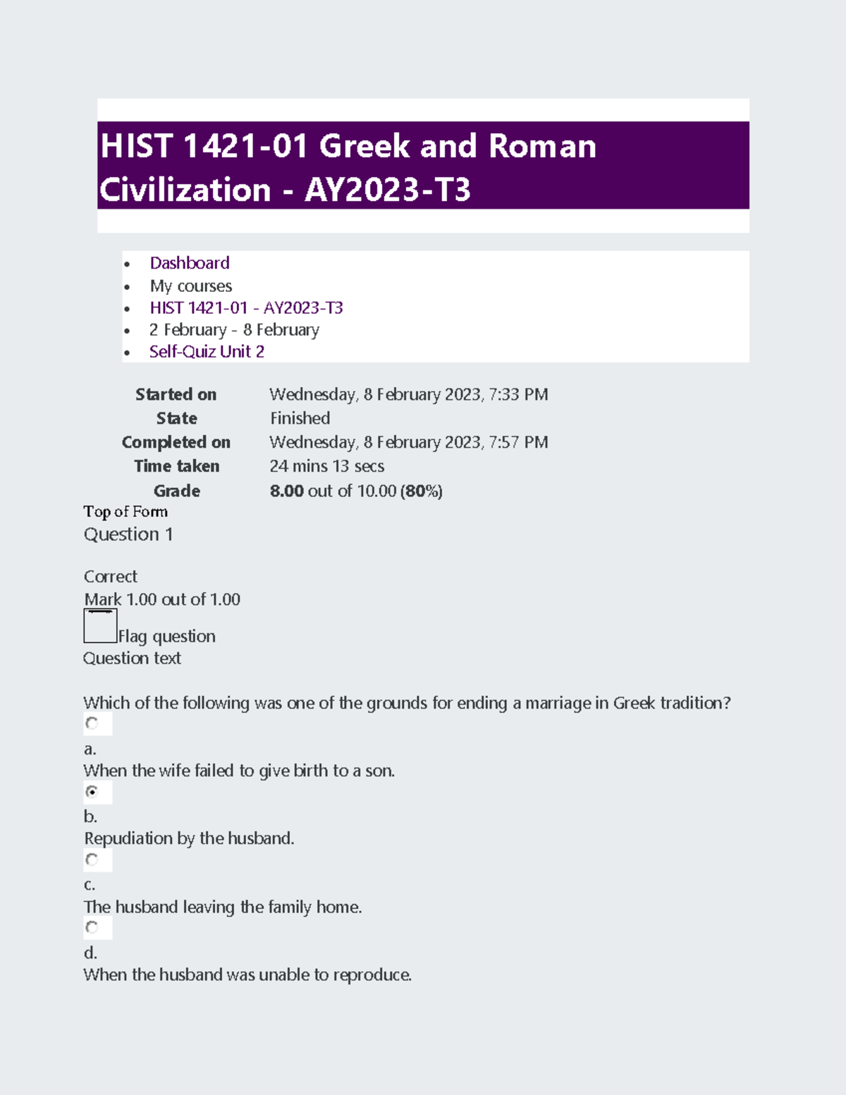 Self-Quiz Unit 2 Attempt review - HIST 1421-01 Greek and Roman ...