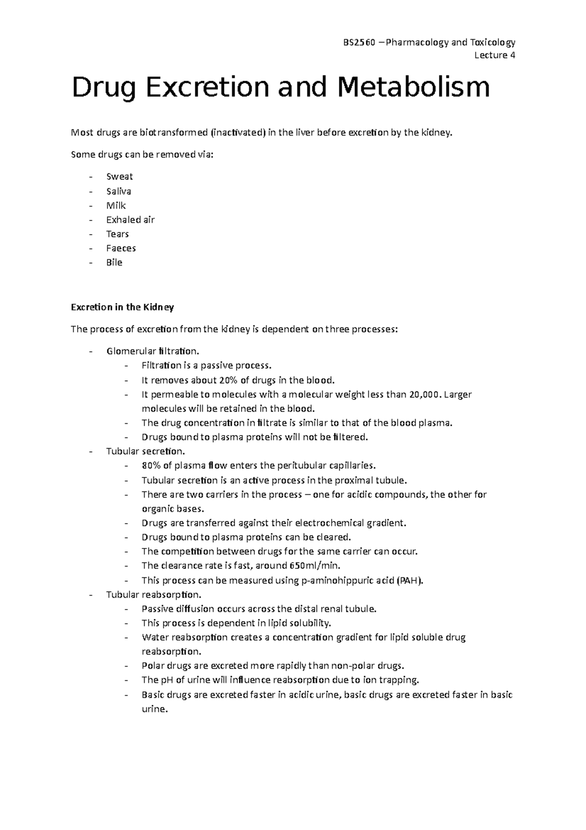 4 - Drug Excretion and Metabolism - BS2560 – Pharmacology and ...
