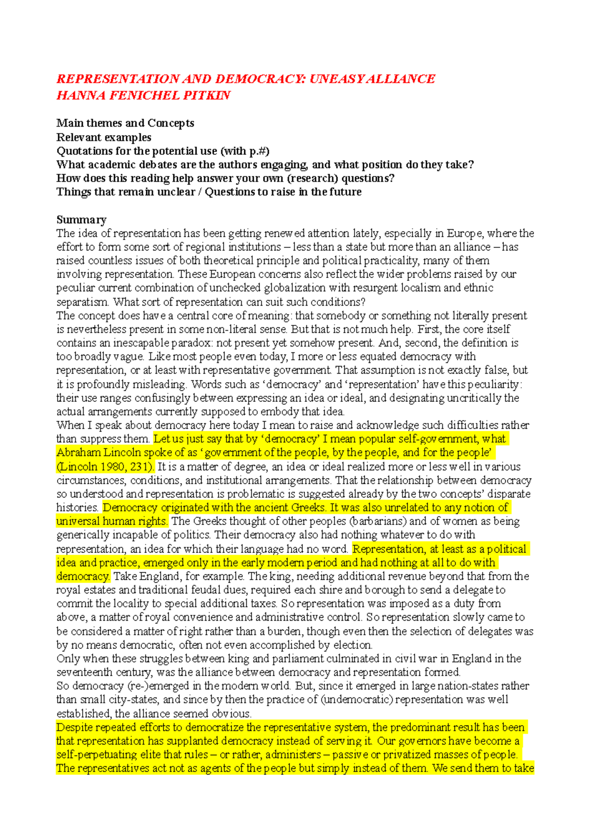 Summary of the Paper: REPRESENTATION AND DEMOCRACY: UNEASY ALLIANCE ...