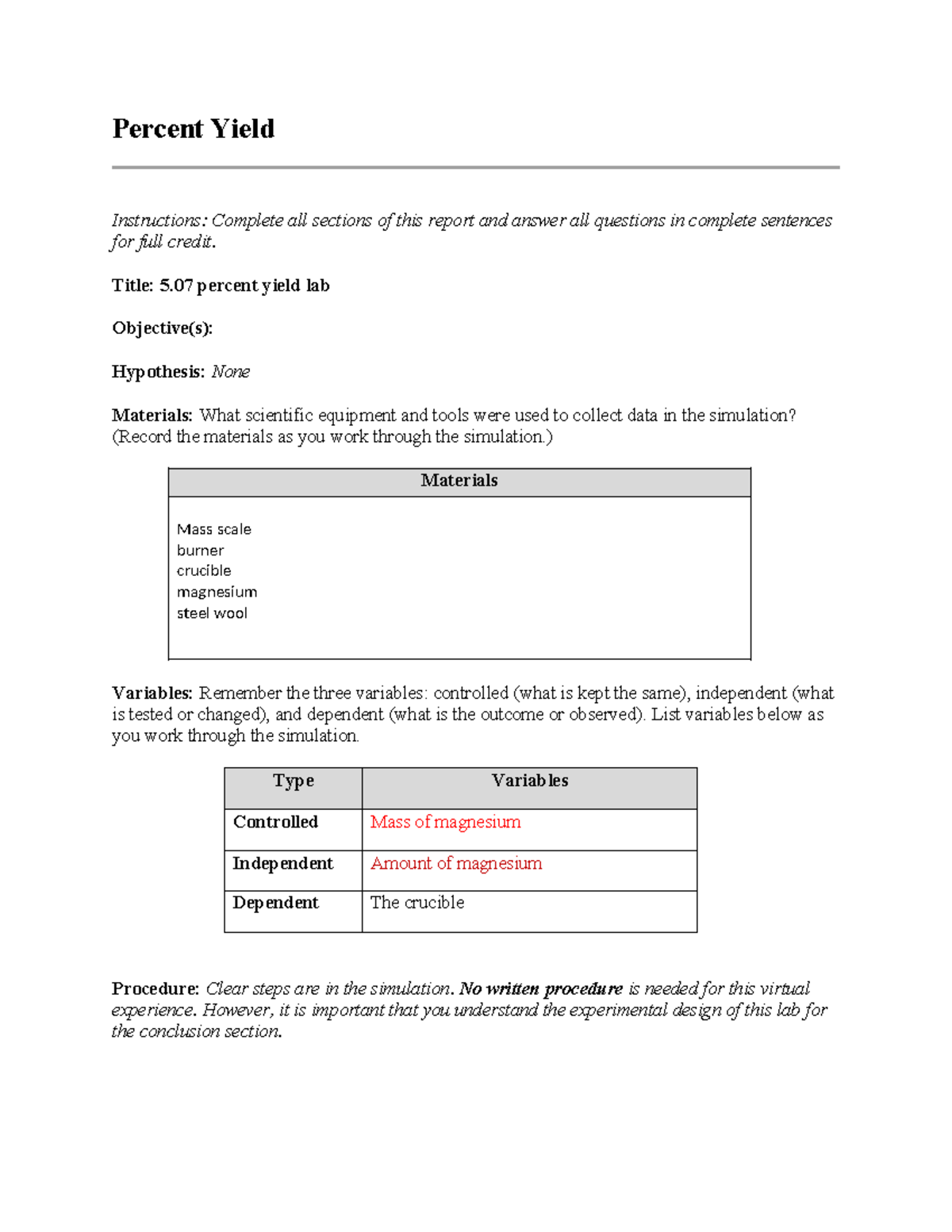 Percent Yield - assignment - Percent Yield Instructions: Complete all ...