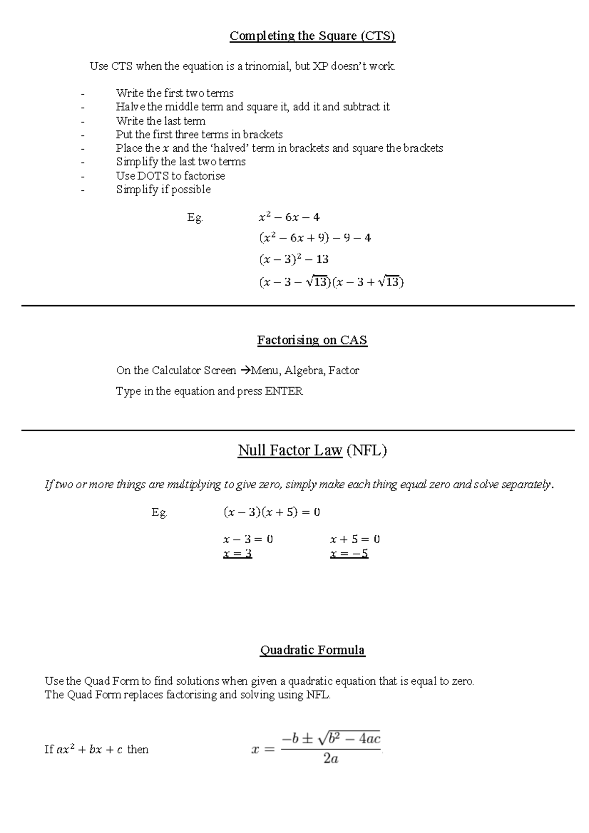 Quadratics Summary - NA000 - Monash - Studocu