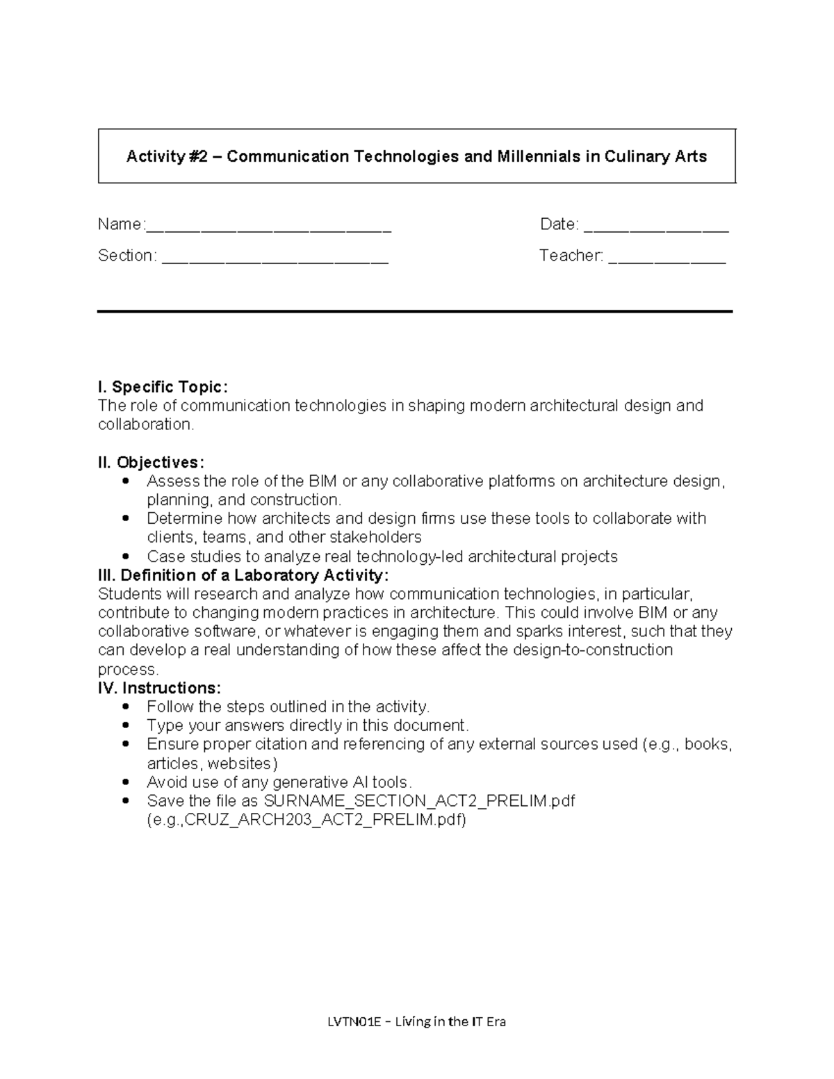 LVTN01E Activity#2 ARCH - Activity #2 – Communication Technologies and ...