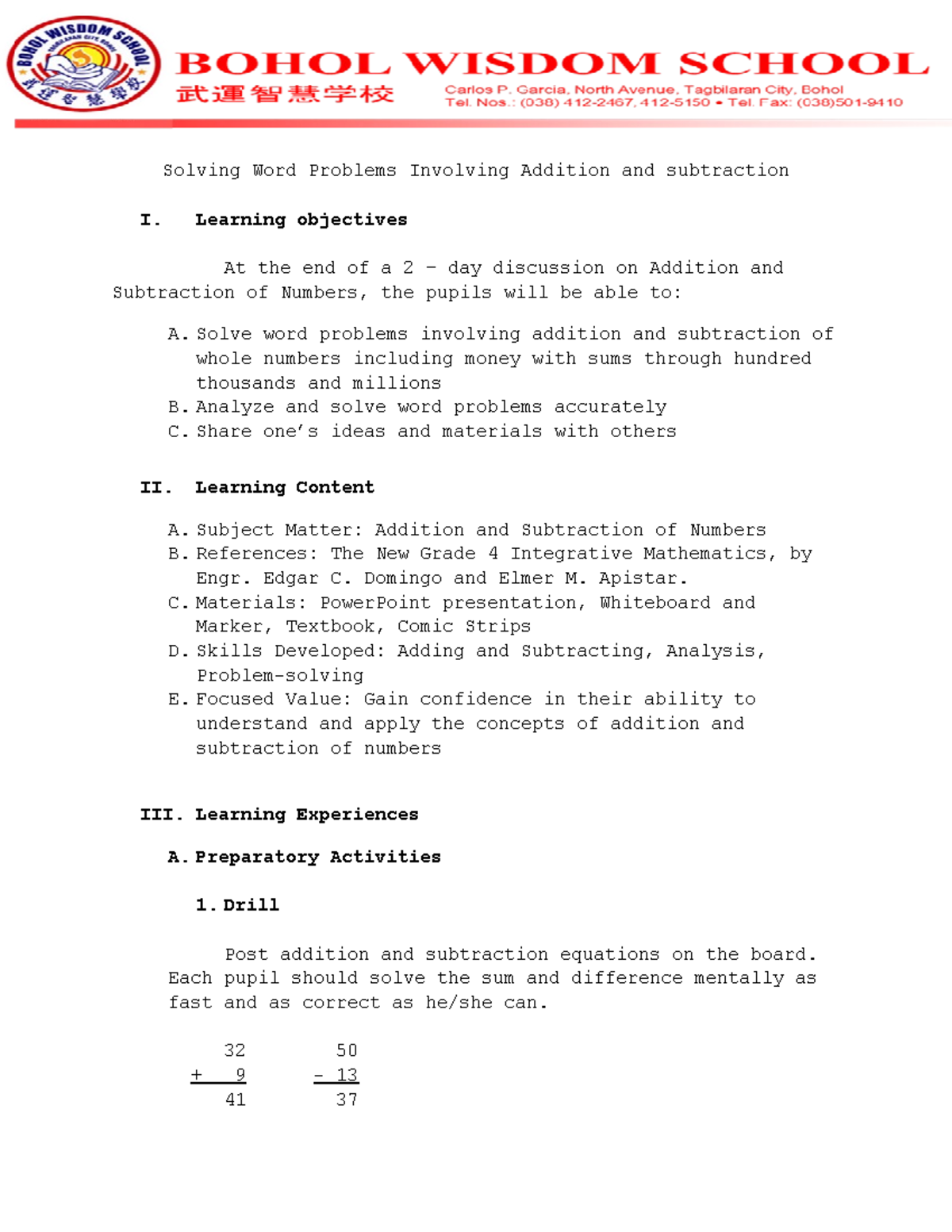 Experimental lesson plan - Solving Word Problems Involving Addition and ...