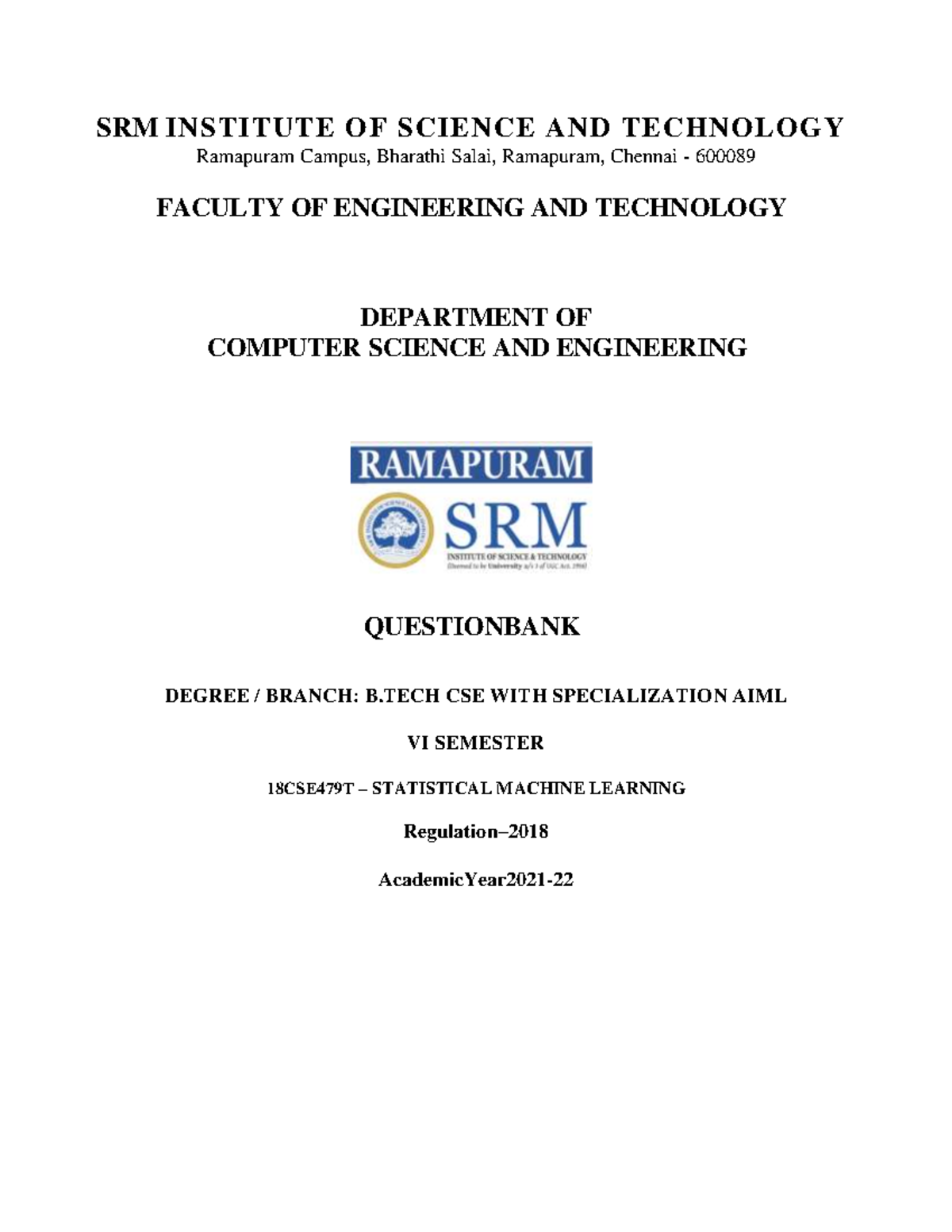 SML QB - SRM INSTITUTE OF SCIENCE AND TECHNOLOGY Ramapuram Campus ...