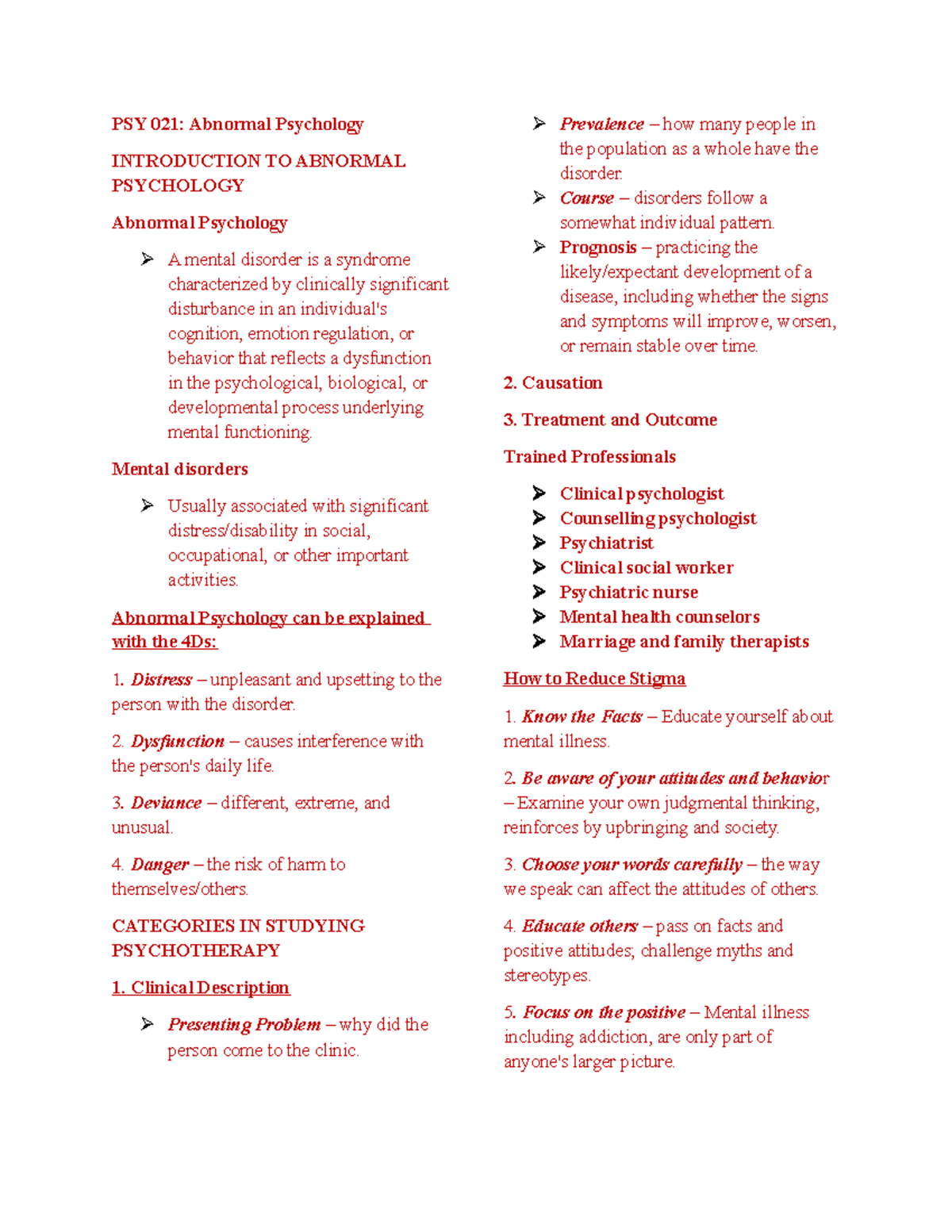 PSY 021 P1 Notes - study - PSY 021: Abnormal Psychology INTRODUCTION TO ...