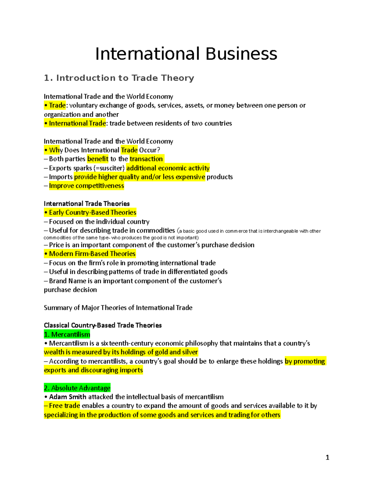 Fiches IB part 1 - International Business 1. Introduction to Trade ...