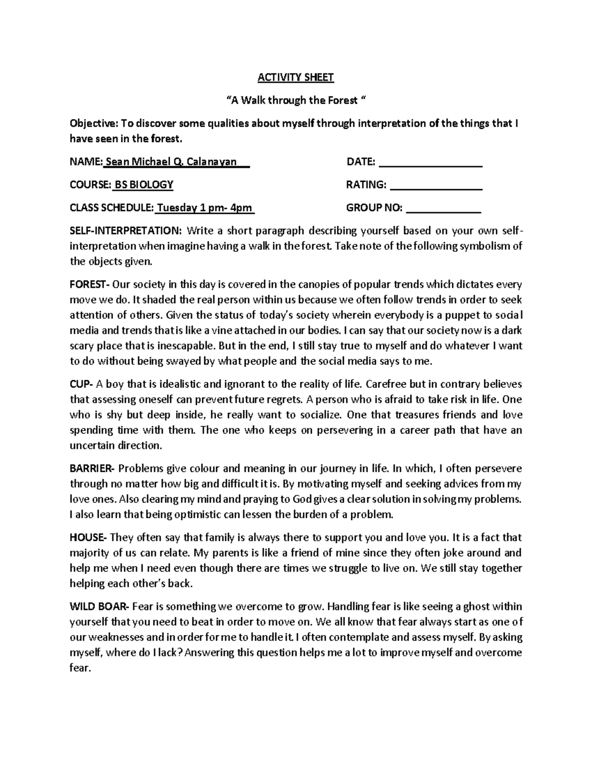 A walkthrough of the Forest - ACTIVITY SHEET “A Walk through the Forest ...