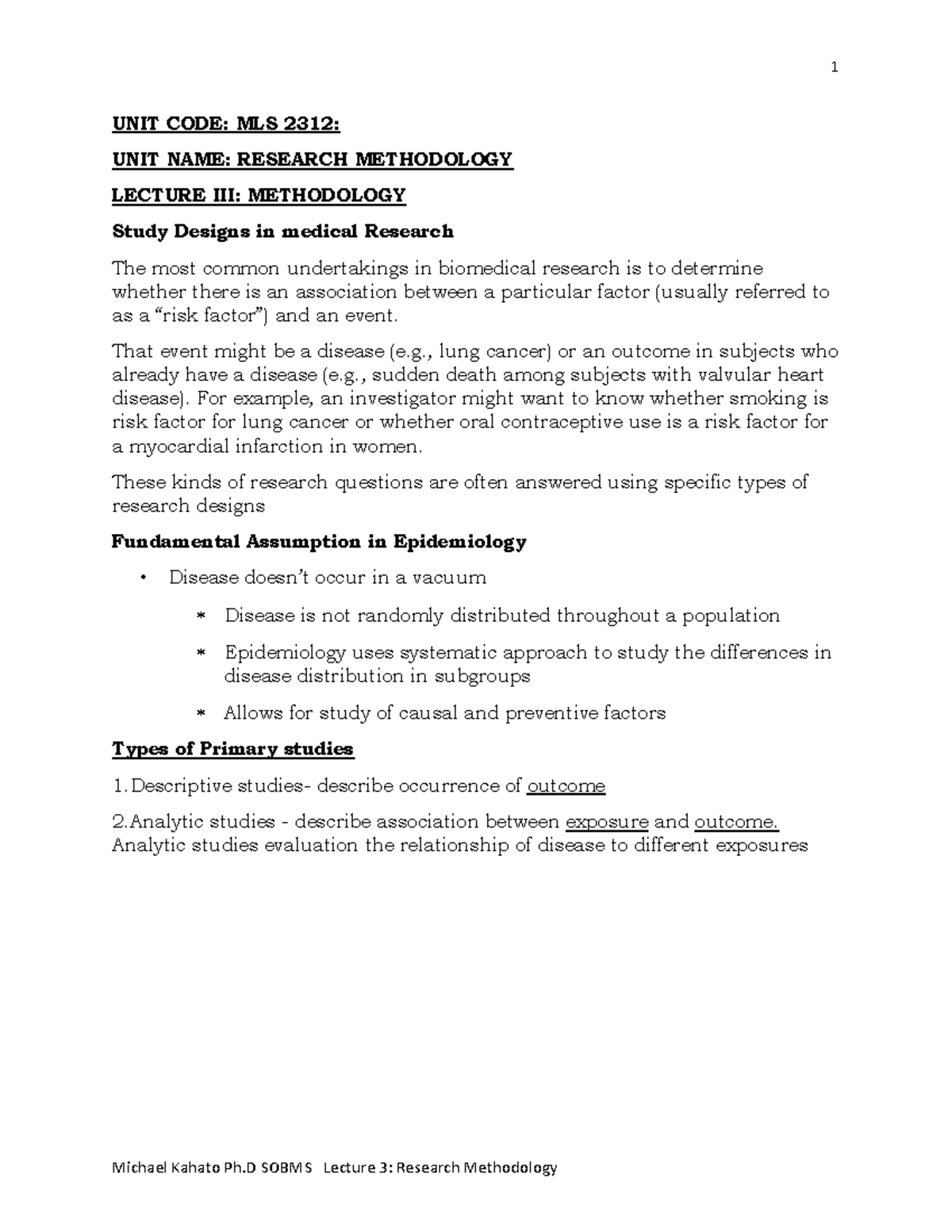 Lecture III methodology - UNIT CODE: MLS 2312: UNIT NAME: RESEARCH METHODOLOGY LECTURE III ...