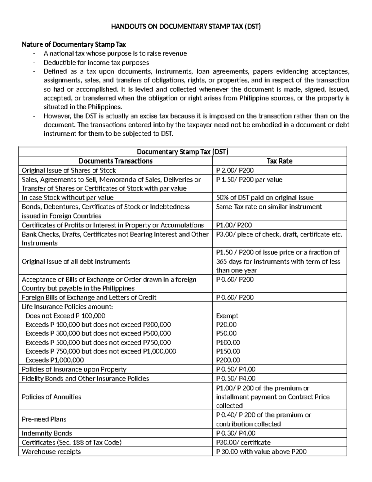 Documentary Stamp Tax - DST Handout - HANDOUTS ON DOCUMENTARY STAMP TAX (DST) Nature of ...