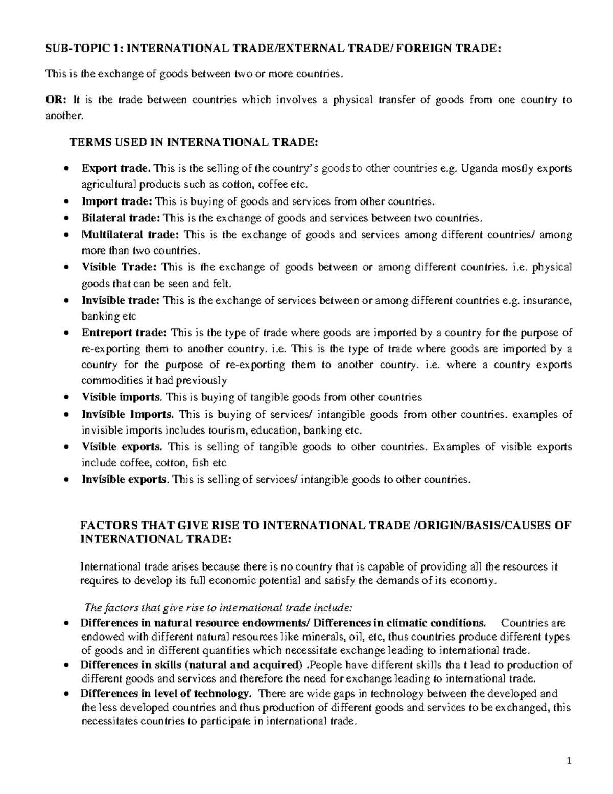 03 - S.6 Econ Notes - International Trade - 1 SUB-TOPIC 1 ...