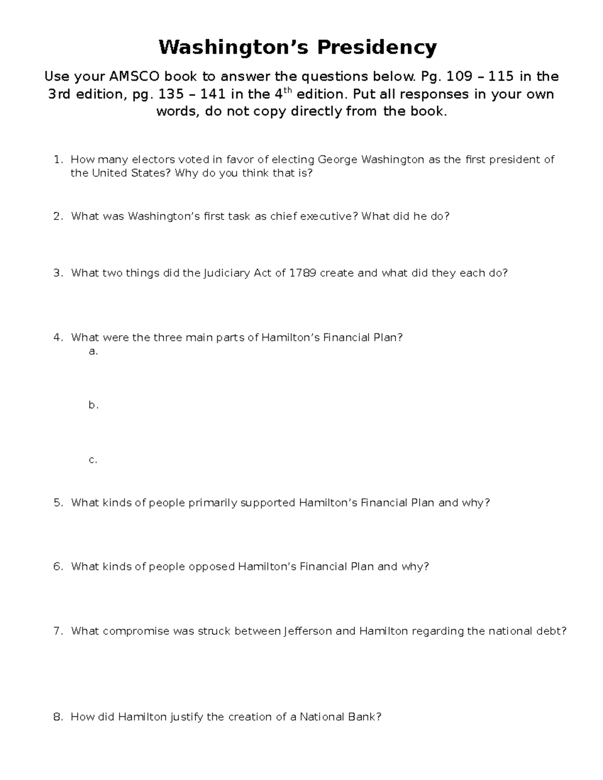 Washington's Presidency - Washington’s Presidency Use your AMSCO book ...