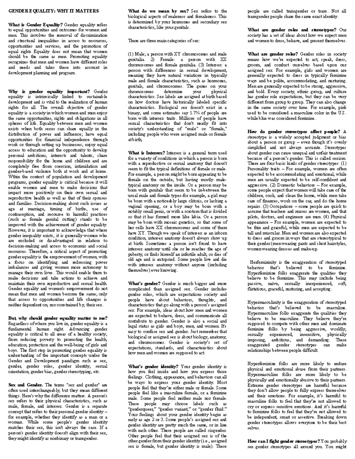 Genderdevelopment 1 - Notes - GENDER EQUALITY: WHY IT MATTERS What is ...