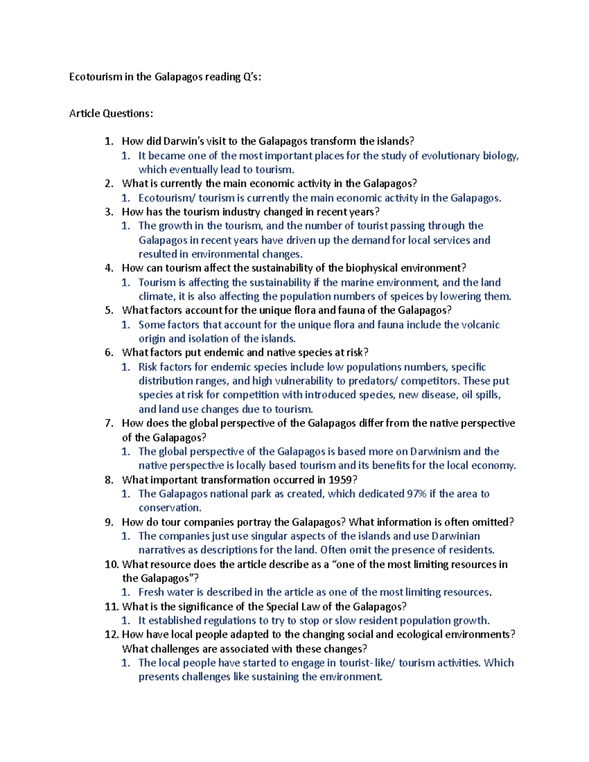 Ecotourism in the Galapagos reading Q’s - Ecotourism in the Galapagos ...